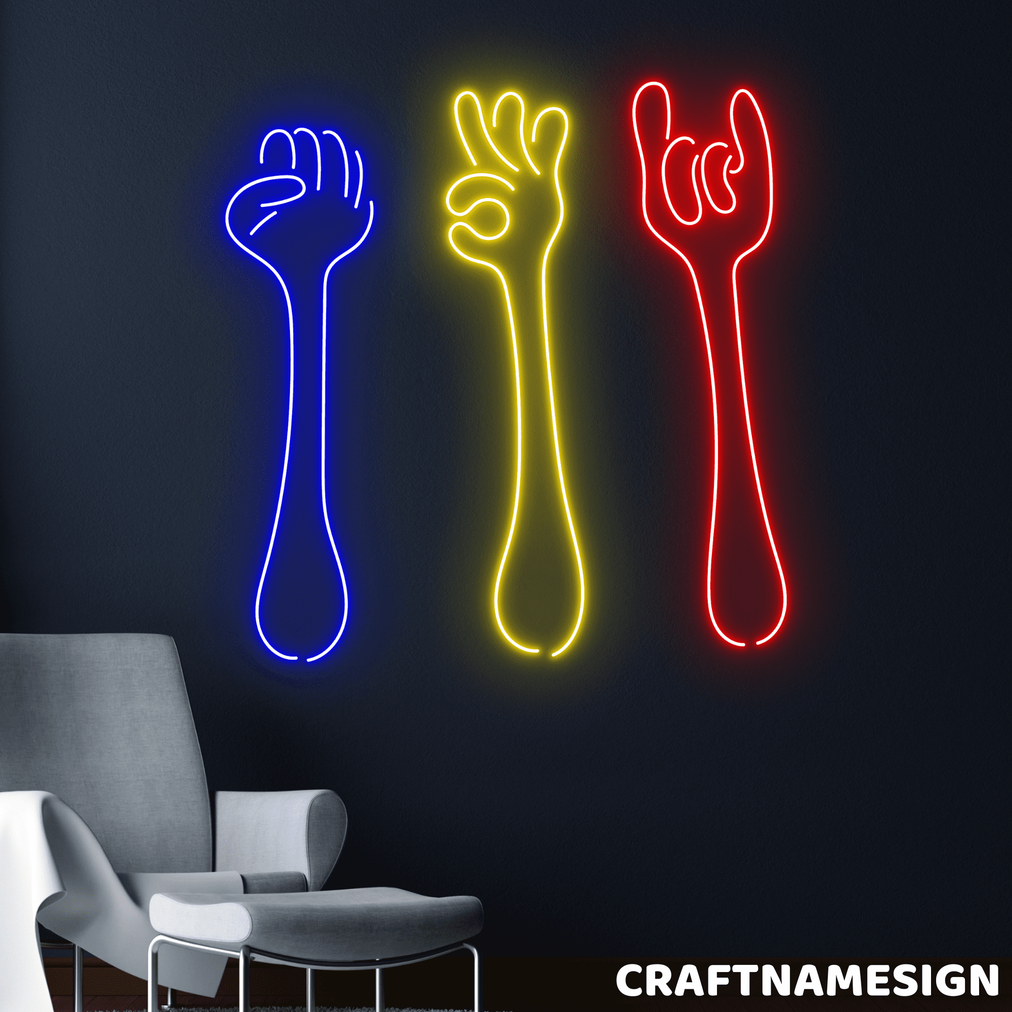 Craftnamesign Fork Hand Neon Sign, Hand Symbol Wall Art, Living Room ...