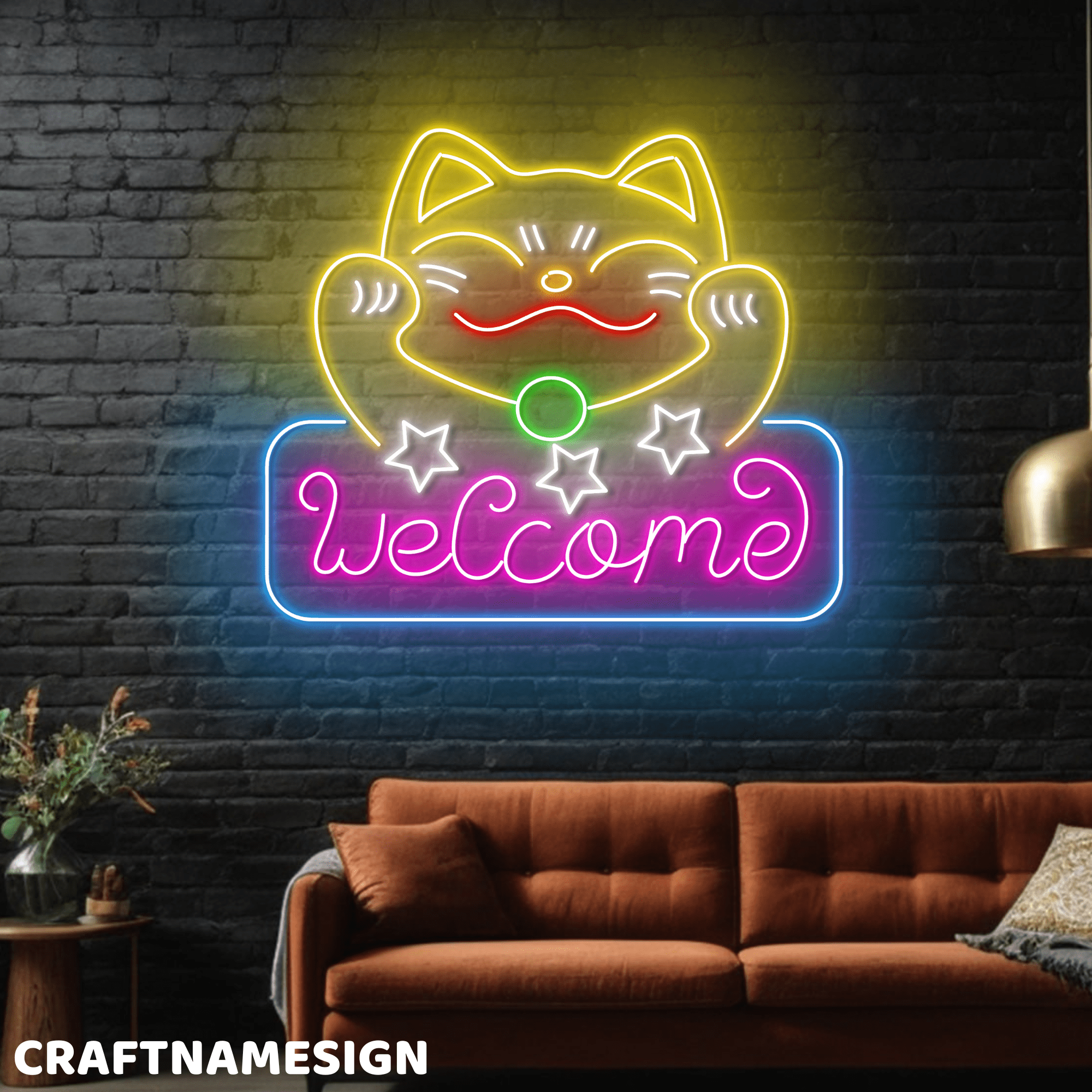 Craftnamesign Fortune Cat Welcome Neon Sign For Wall Decor, Open Sign ...