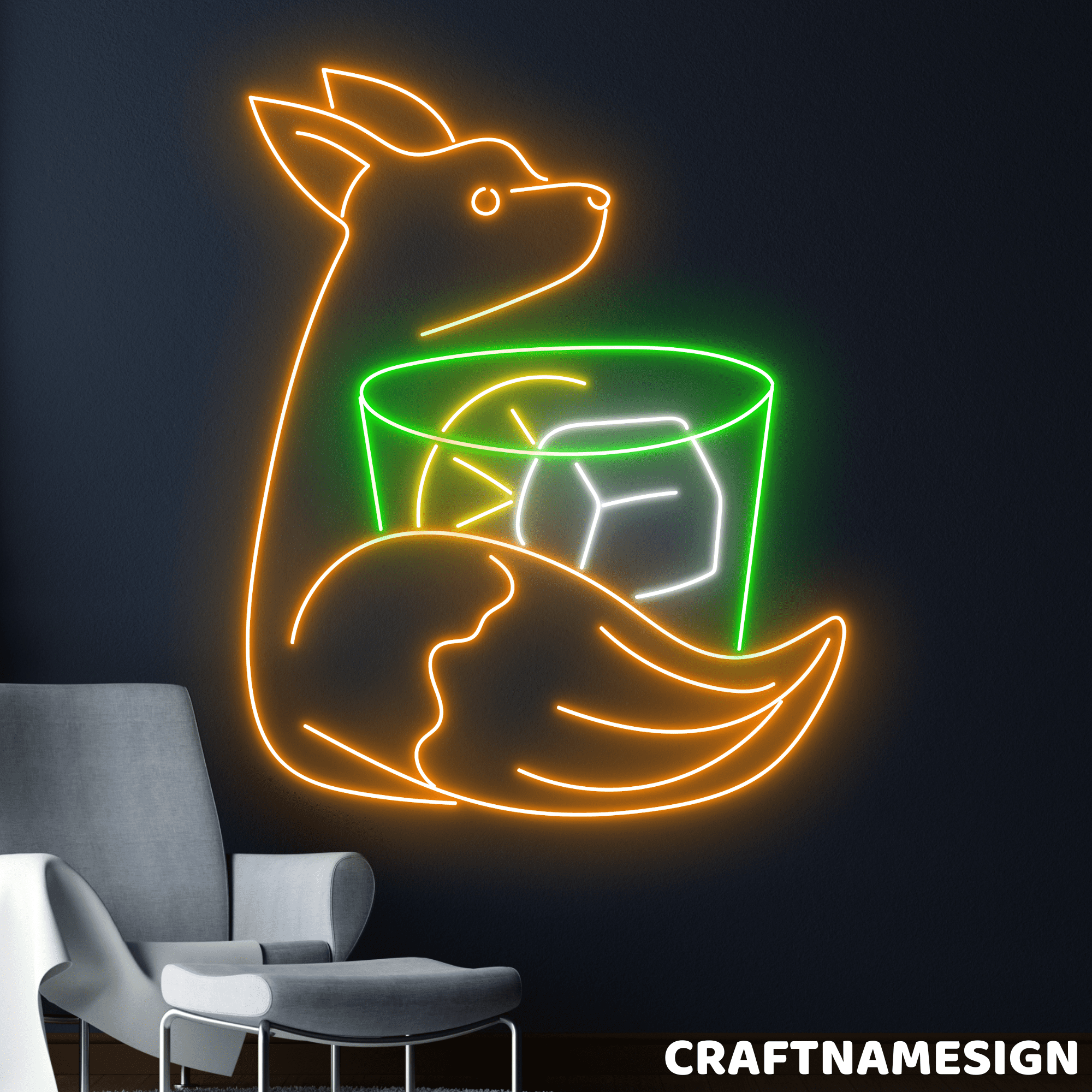 Craftnamesign Fox With Cocktail Neon Sign, Wine Bar Pub Wall Art ...