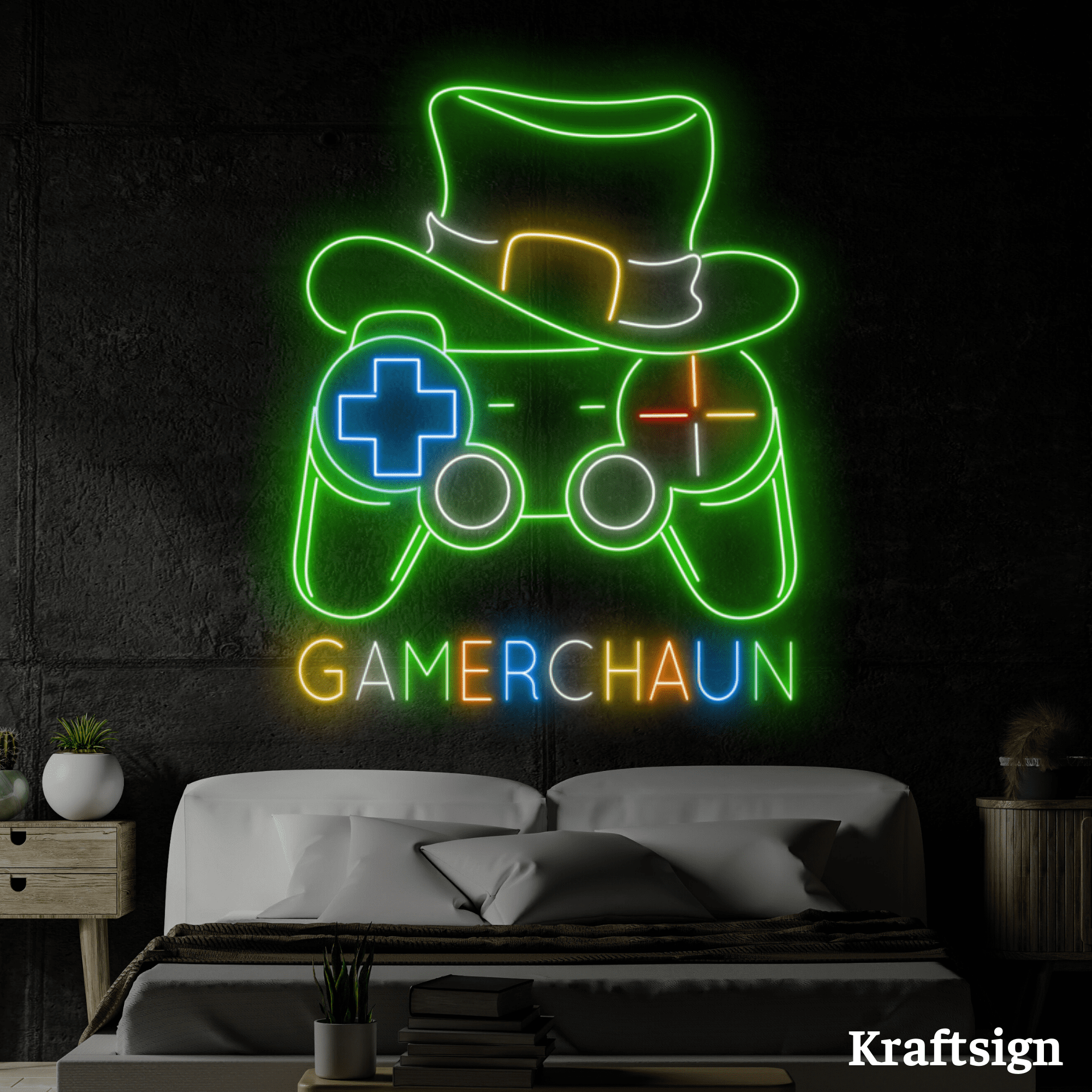 Craftnamesign Game Controller Patrick Hat Neon Sign, St.Patrick Day ...