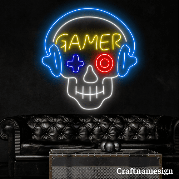 Craftnamesign Gamer Skull Head Neon Sign for Game Room Men Cave Wall ...