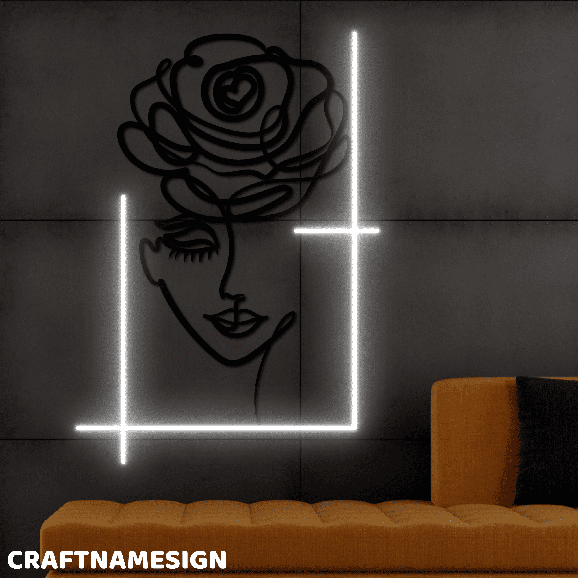 Craftnamesign Girl Face With Rose Neon Decal, Artwork Wall Decor For ...