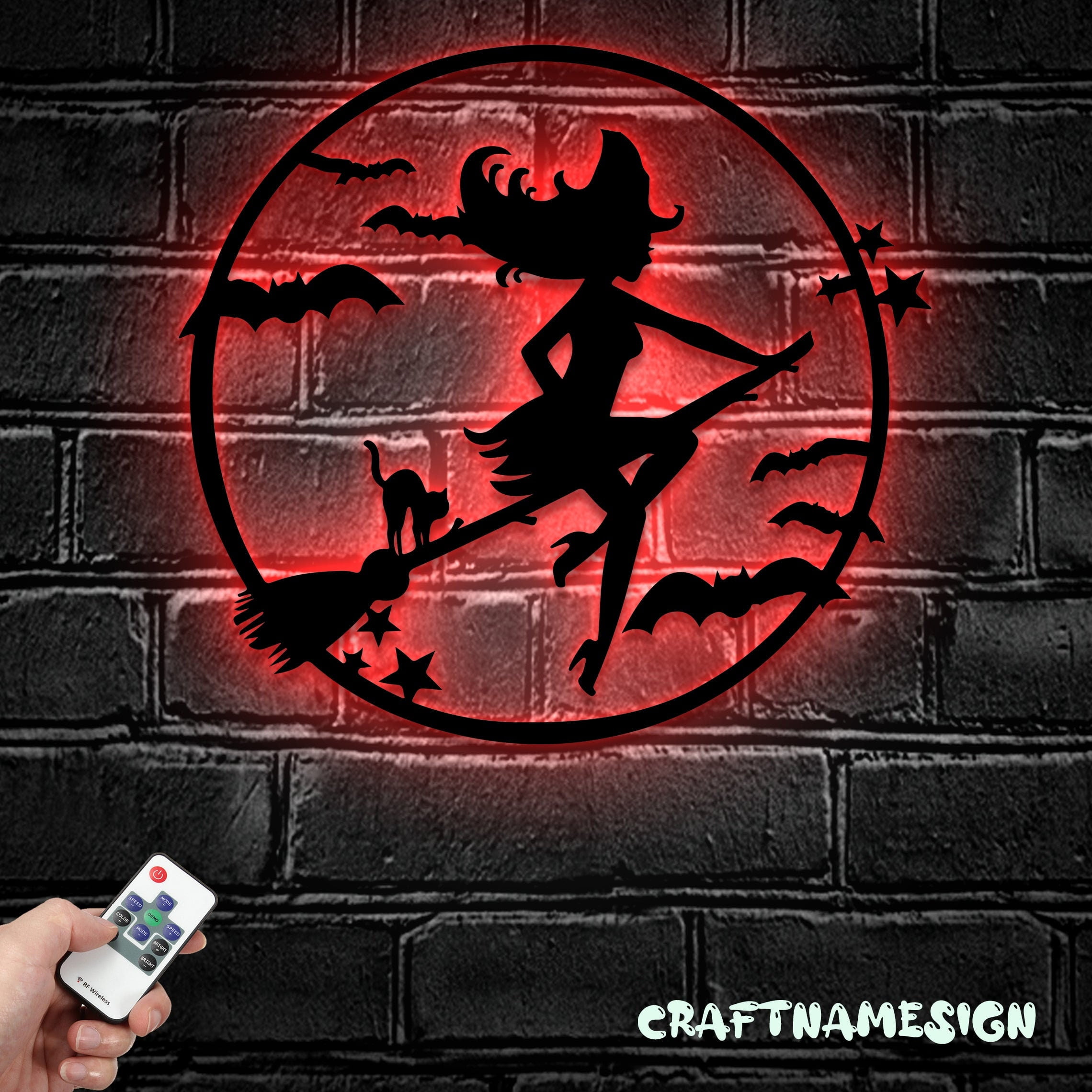 Craftnamesign Girl Witch and Cat Metal Wall Art LED Light, Witch Riding ...
