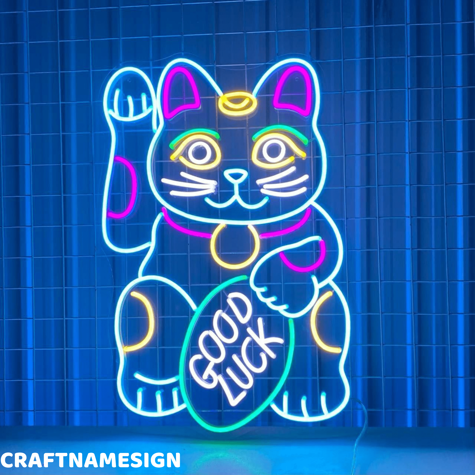 Craftnamesign Good Lucky Cat Neon Sign, Fortune Cat Wall Art, Maneki ...