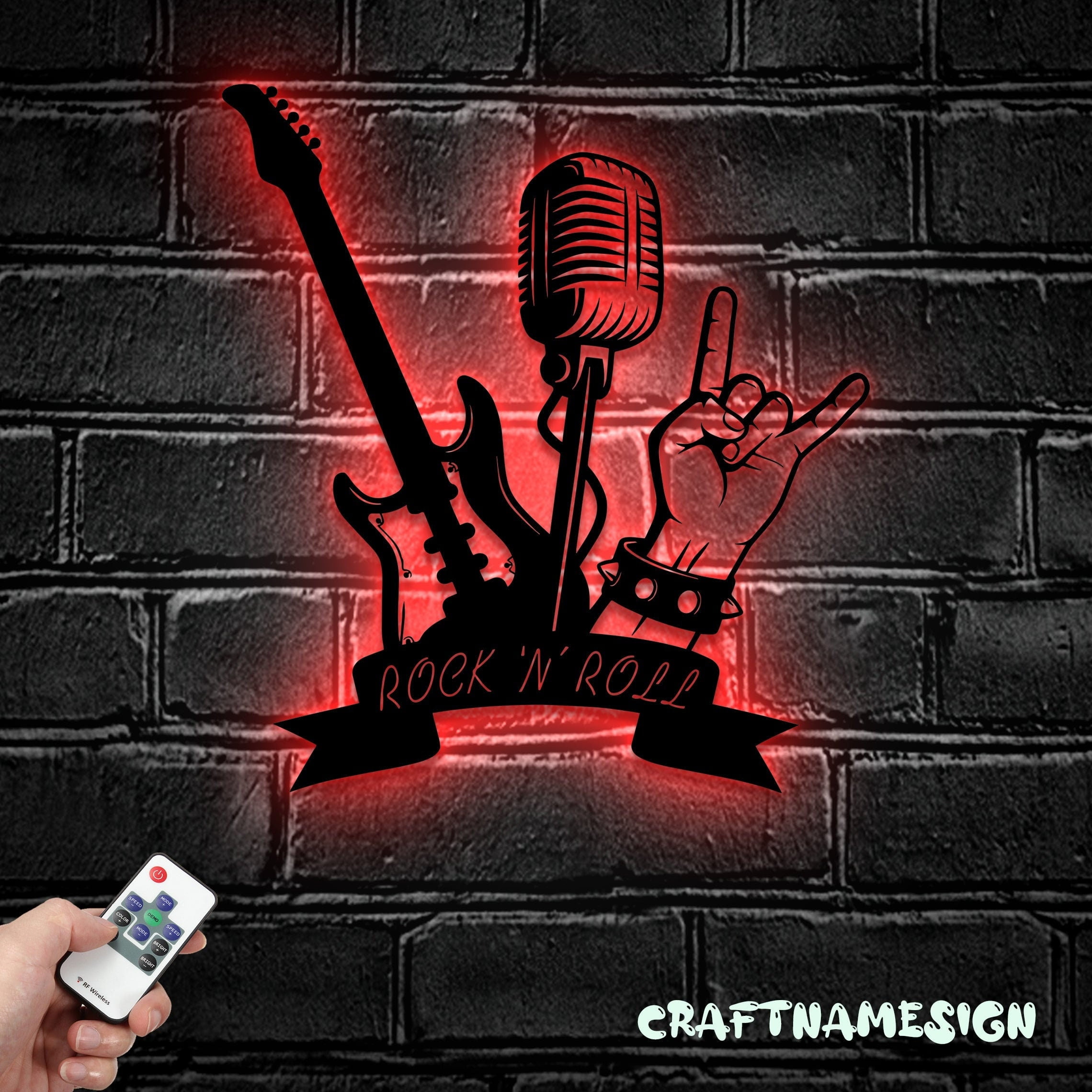 Craftnamesign Guitar And Micro Metal Wall Art LED Light, Rock And Roll ...