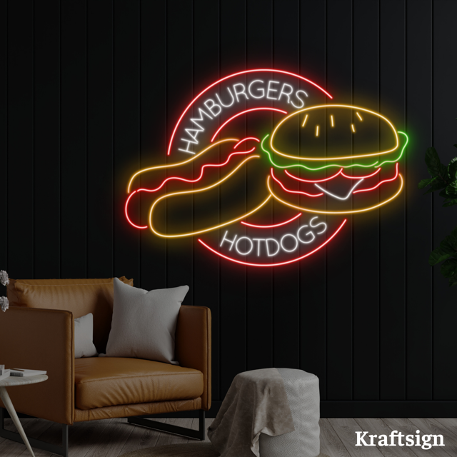 Craftnamesign Hamburger Hotdog Neon Sign, Fast Food Shop Decor, LED ...