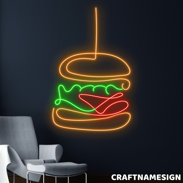 Craftnamesign Hamburger Line Art Neon Sign, Burger Wall Decor ...