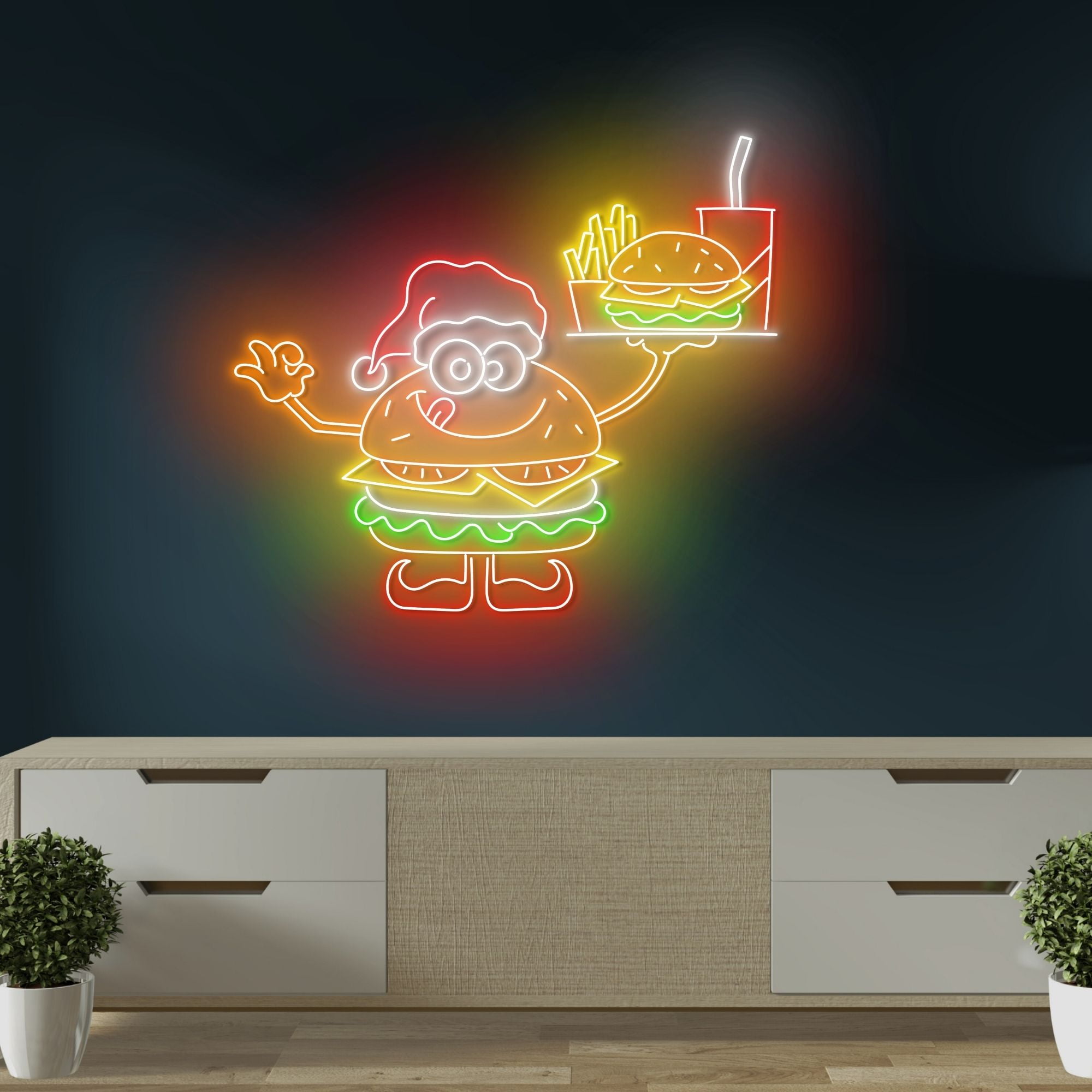 Craftnamesign Hamburger Santa Hat Neon Light Wall Art, Fast Food LED ...