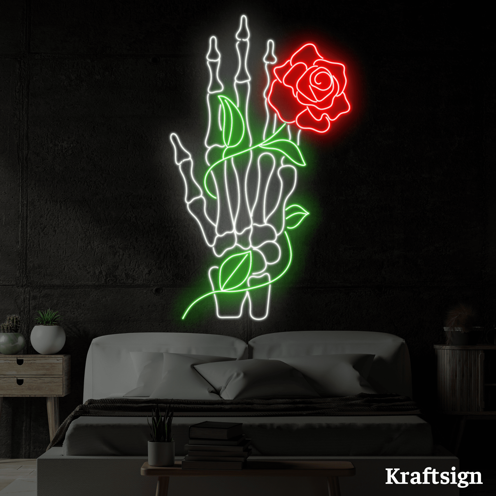 Craftnamesign Hand Skeleton Rose Neon Sign, Men Cave Decor, Rose LED ...