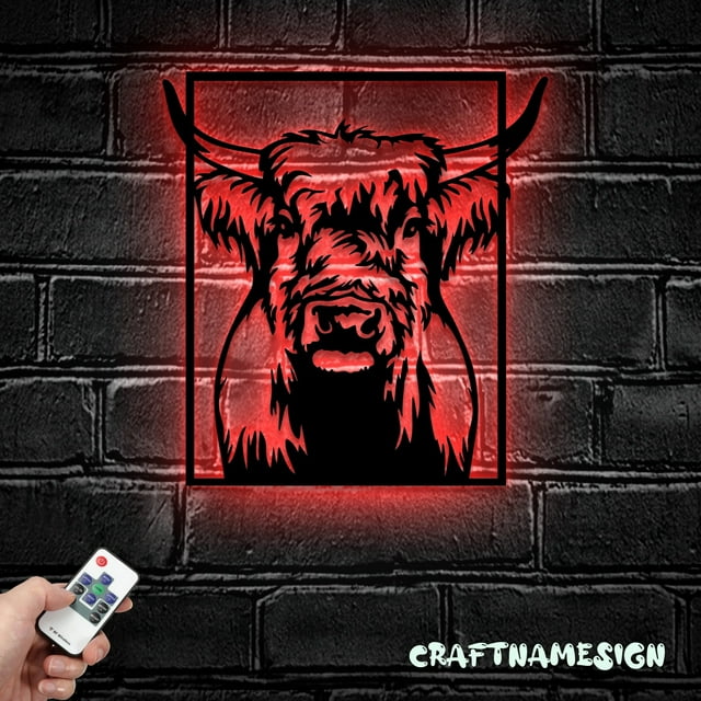 Craftnamesign Highland Cow Farmhouse Metal Wall Art LED Light, Buffalo ...