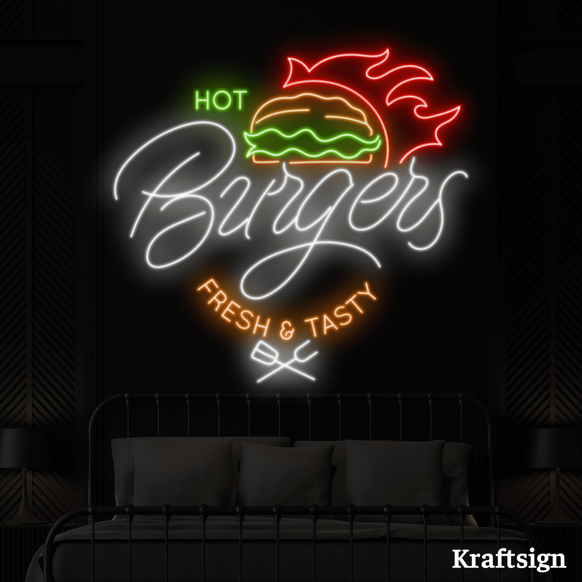 Craftnamesign Hot Burger Fresh Tasty Neon Sign, Burger Restaurant Decor ...