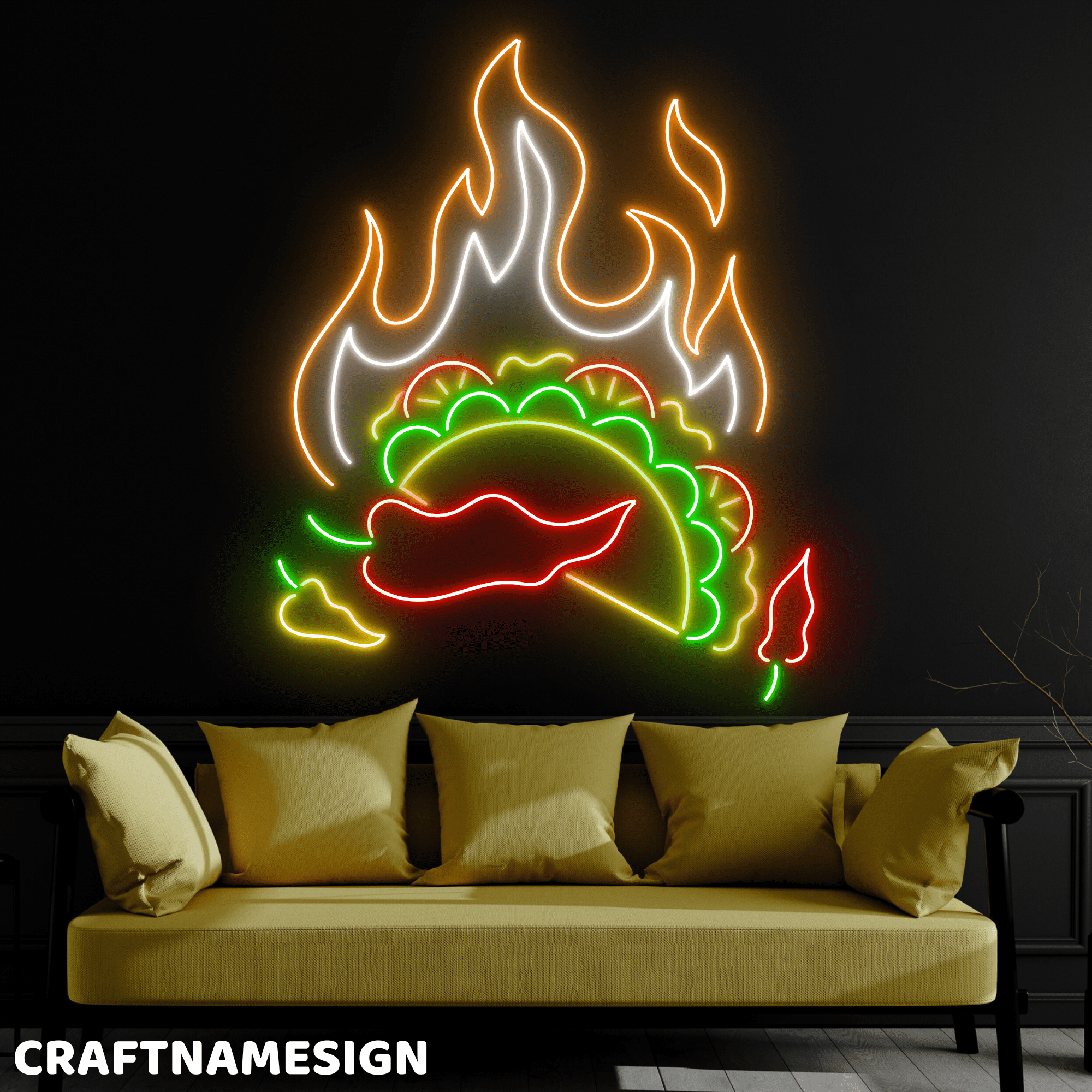 Craftnamesign Hot Tacos Flaming Neon Sign, Tacos Wall Art, Mexican ...