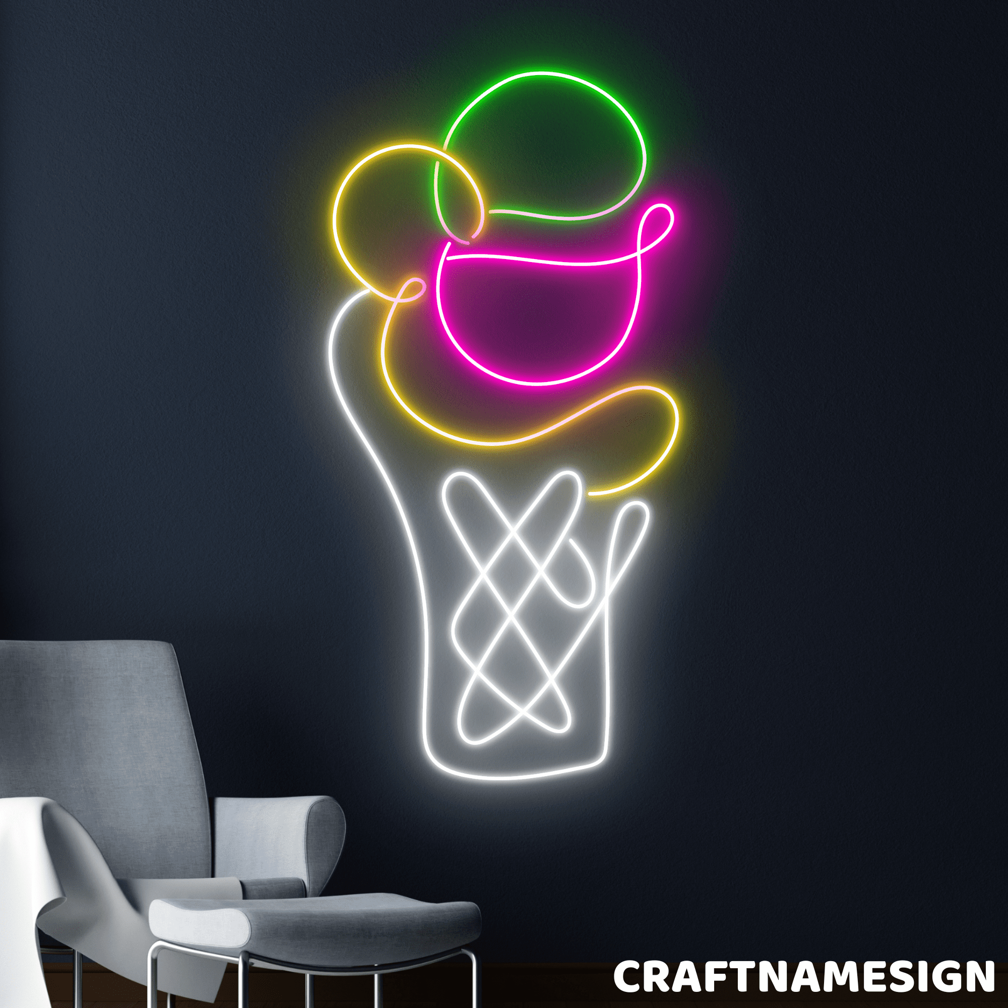Craftnamesign Ice Cream Cone Neon Sign, Ice Cream Line Art Wall Decor ...