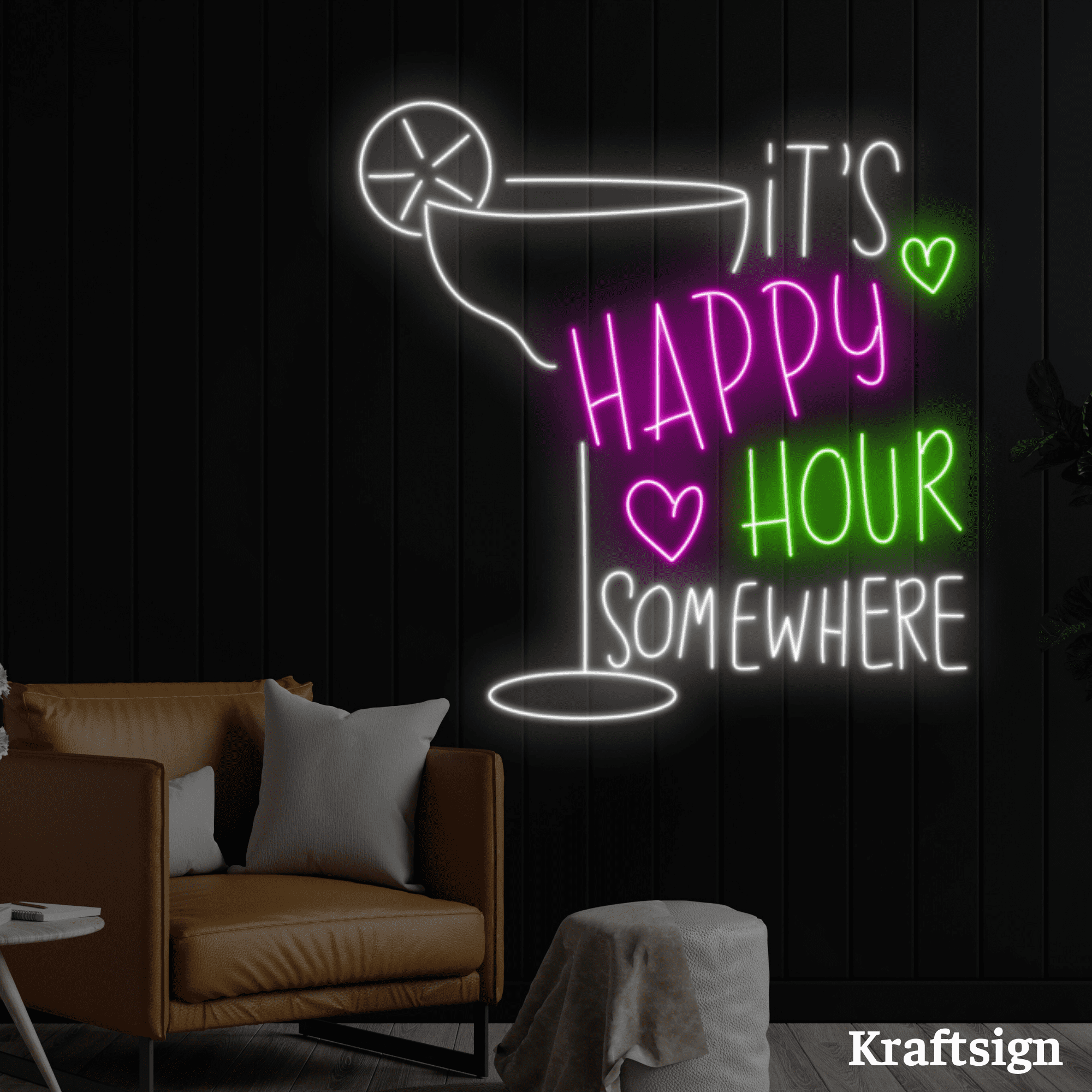 Craftnamesign It's Happy Hour Somewhere Neon Sign, Cocktail Bar Decor ...
