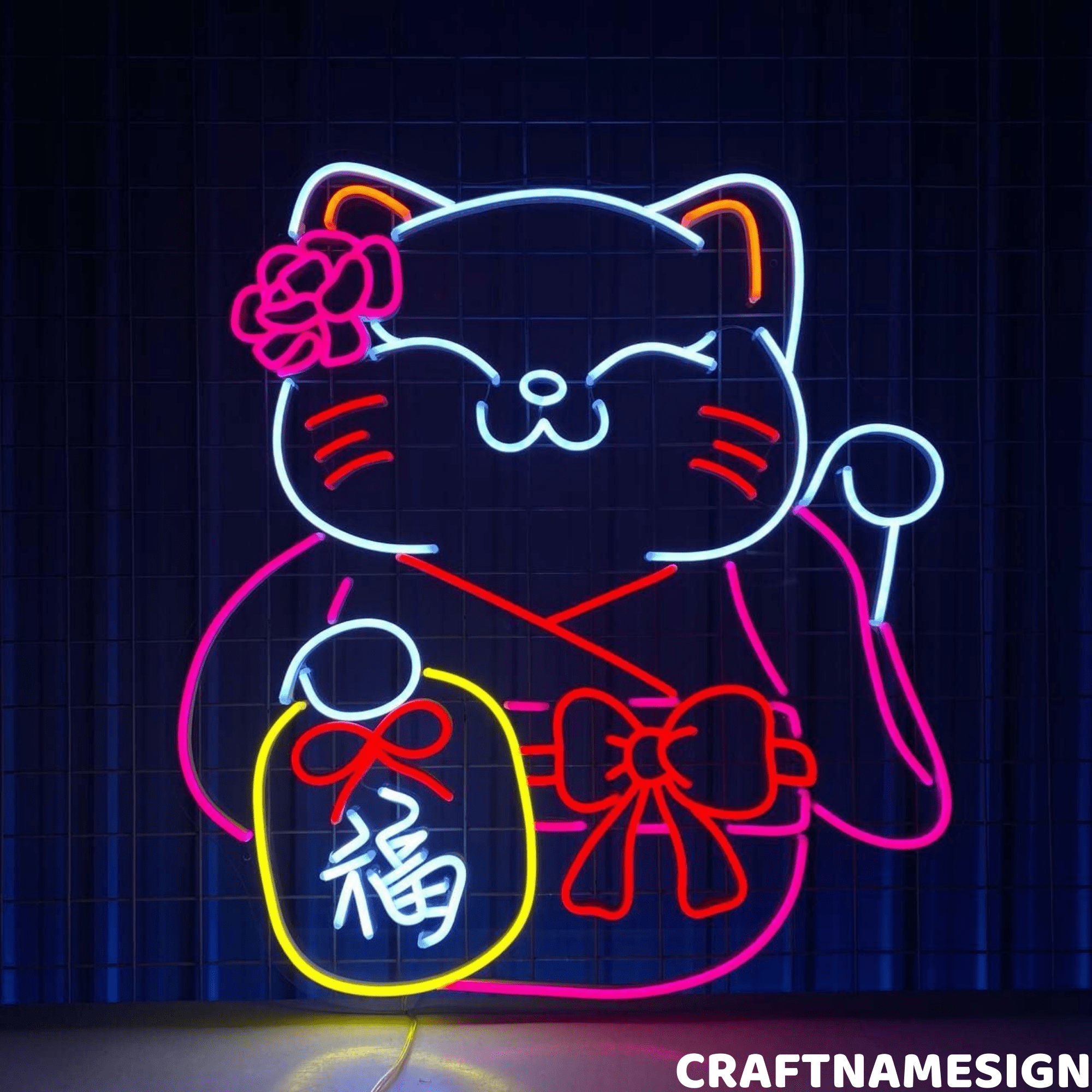 Craftnamesign Japanese Lucky Cat Neon Sign, Fortune Cat Wall Decor ...