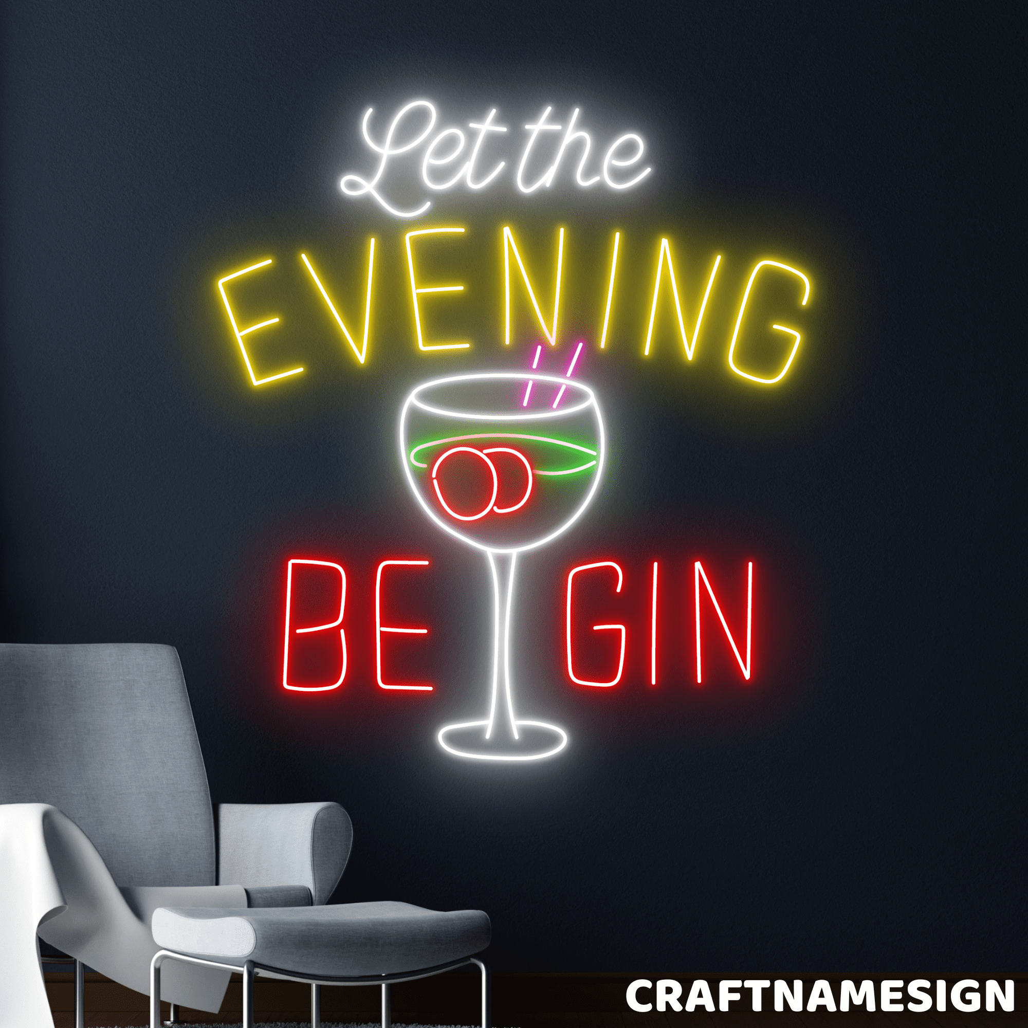 Craftnamesign Let The Evening Begin Neon Sign, Cocktail Bar Store Wall ...