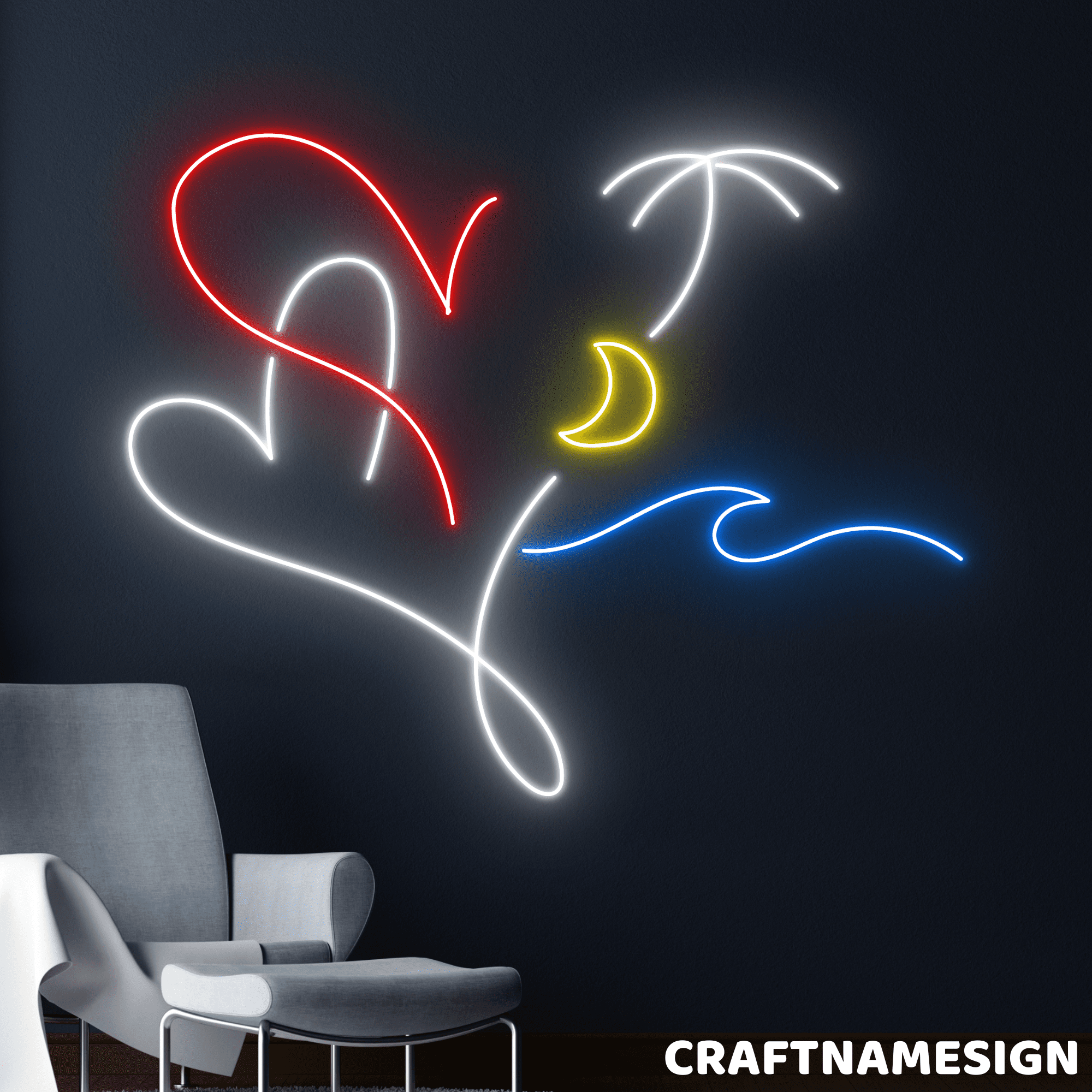 Craftnamesign Love Beach Neon Sign, Line Art Wall Decor, Beach Theme ...