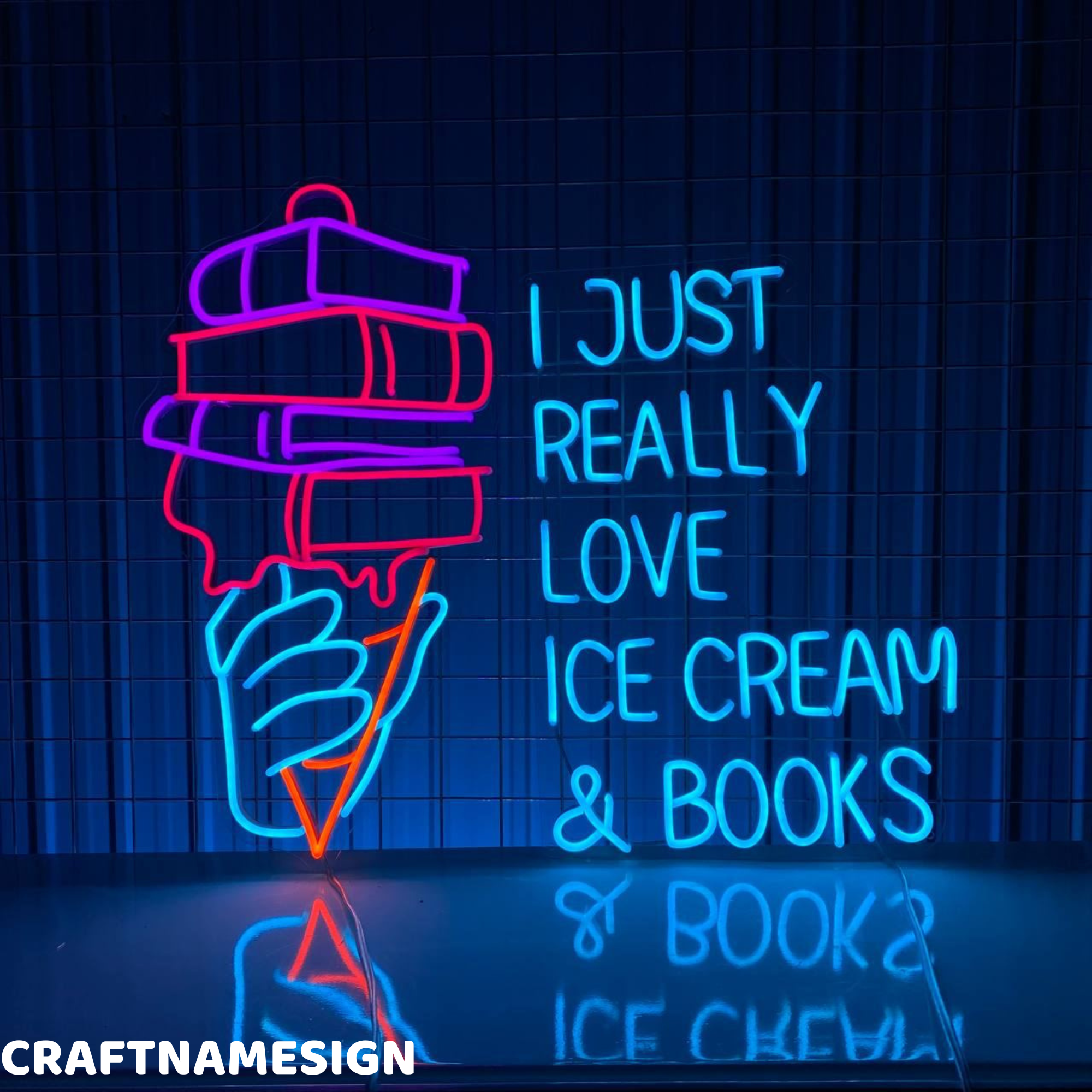 Craftnamesign Love Ice Cream & Books Neon Sign, Ice Cream Decor, Book ...