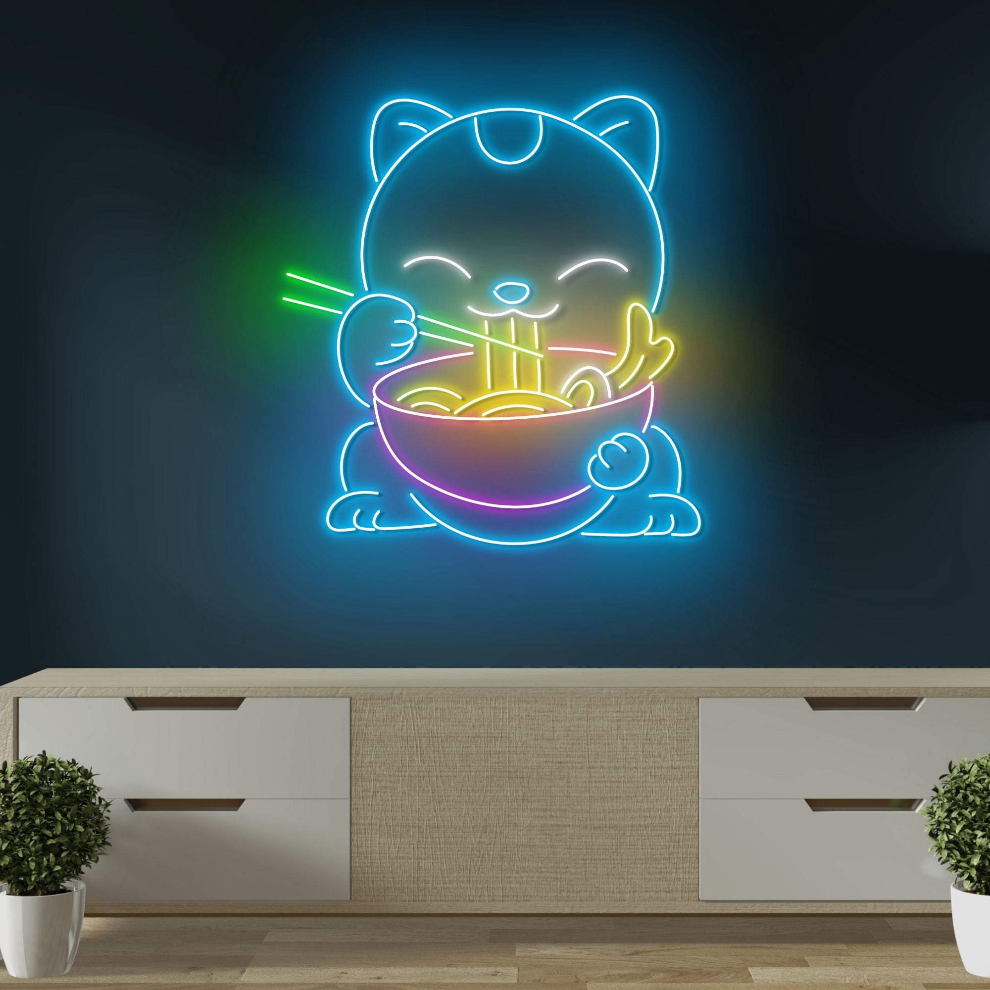 Craftnamesign Lucky Cat Eat Ramen Neon Light Sign, Ramen Store Decor ...