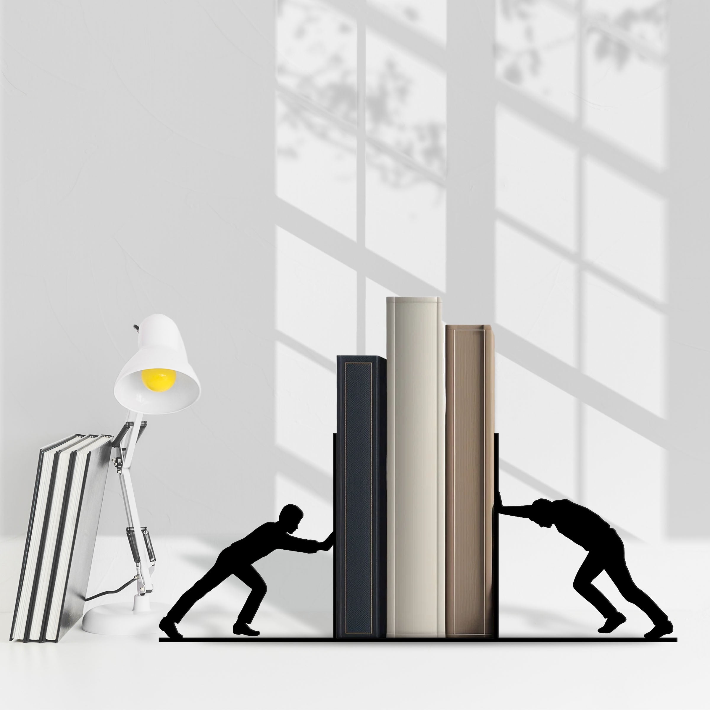 Craftnamesign Man Pushing Metal Bookends for Shelves, Modern Book Shelf ...