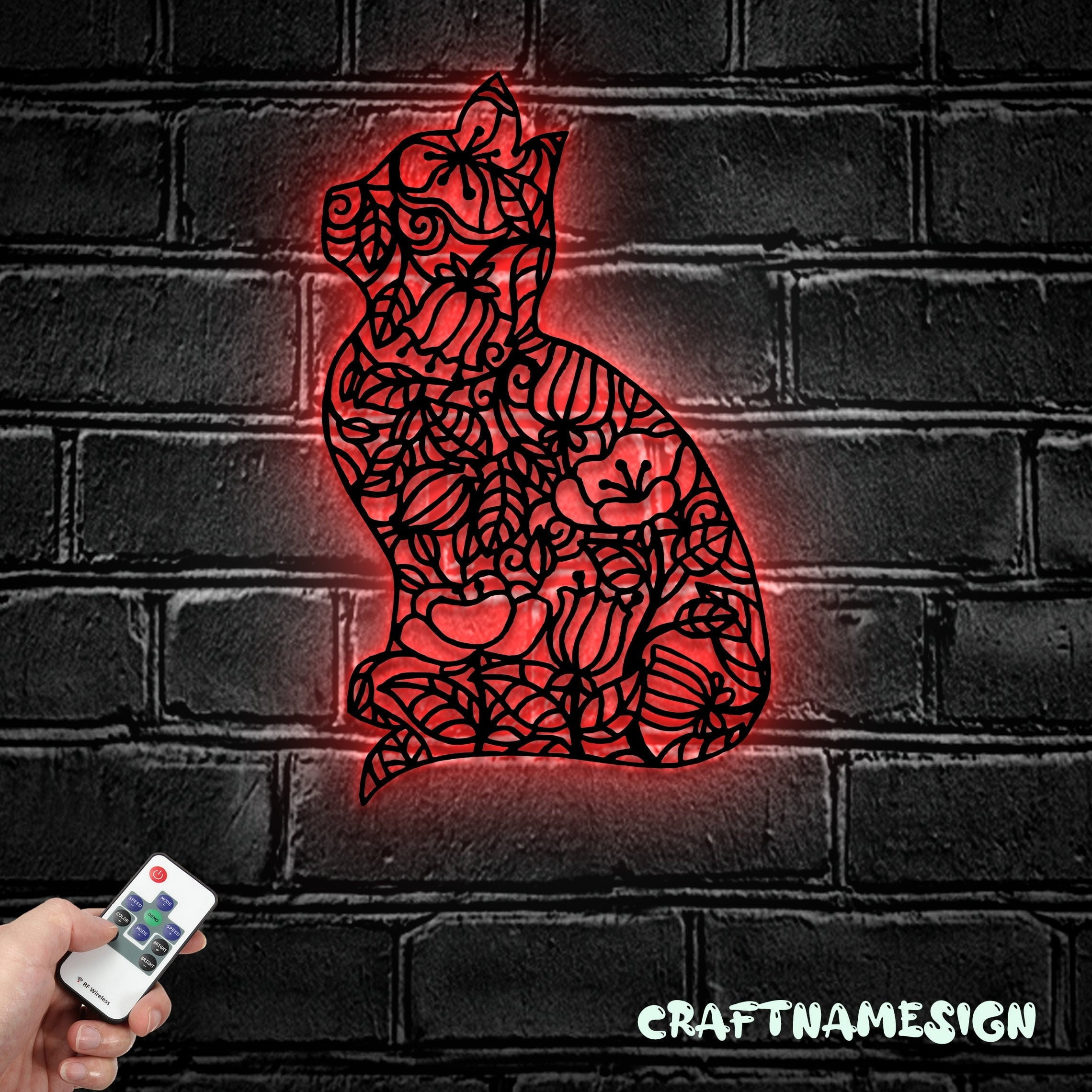 Craftnamesign Mandala Floral Cat Metal Wall Art with LED Light, Floral ...