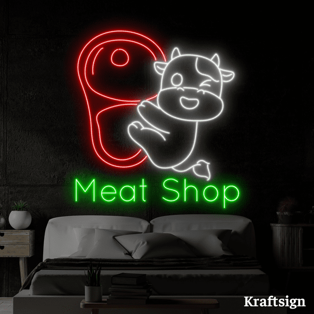 Craftnamesign Meat Shop Neon Signs, Cow LED Signage, Butcher Shop Decor ...