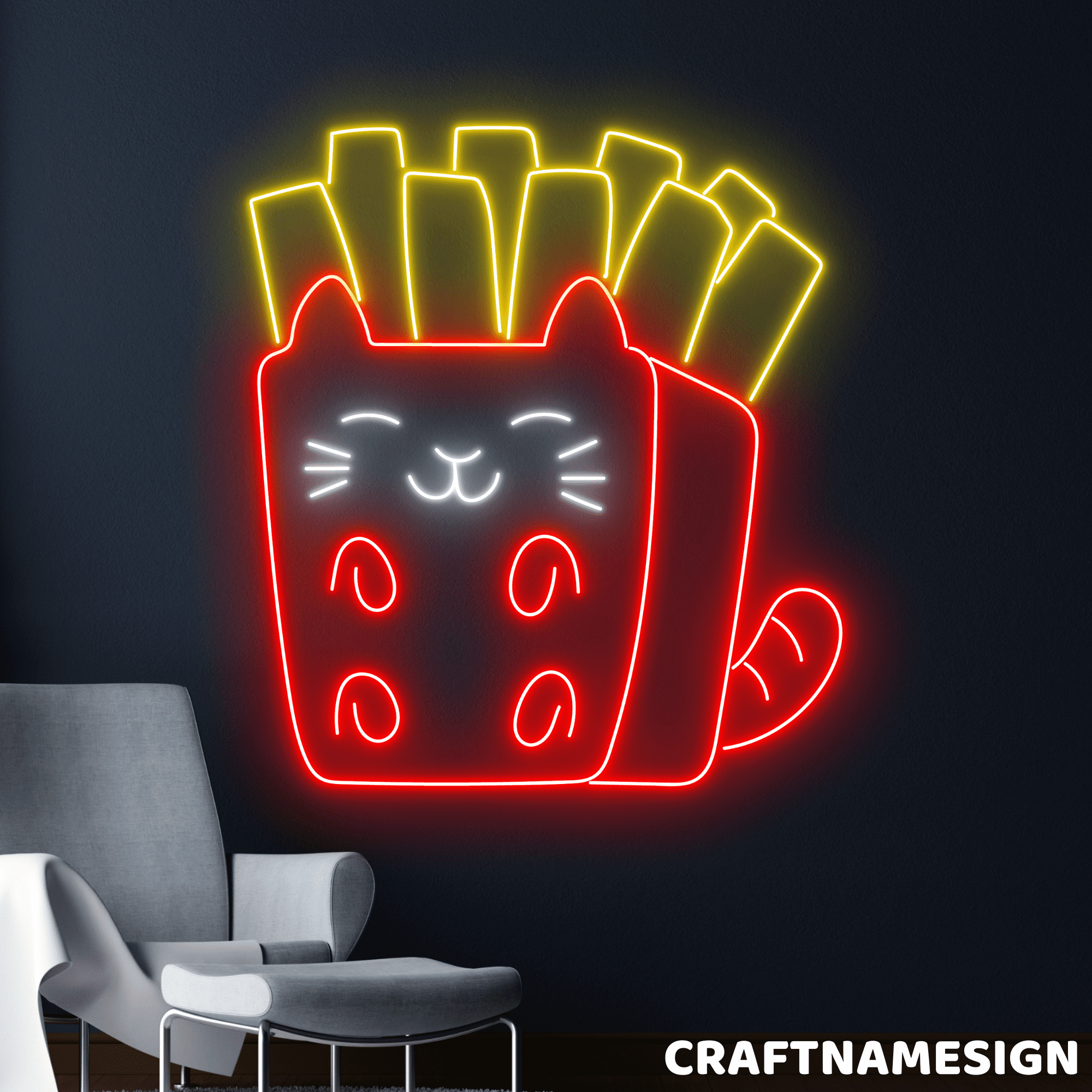 Craftnamesign Meow French Fries Led Sign, Cat Shop Wall Decor, French ...