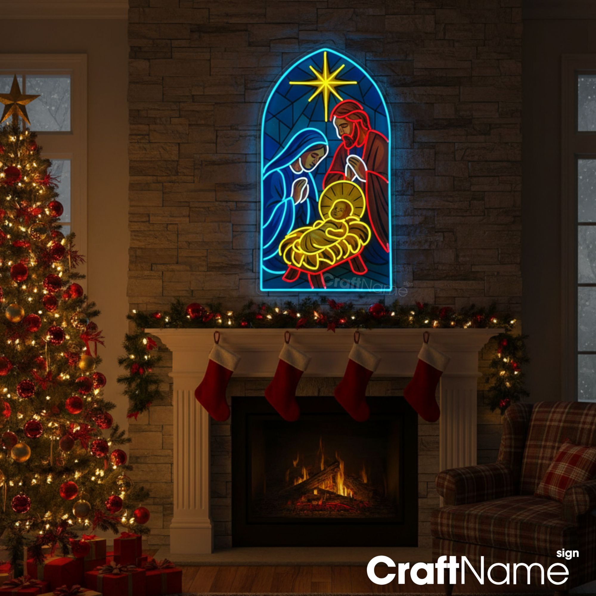 Craftnamesign Merry Christmas Neon Sign, LED Neon Nativity Scene Sign ...