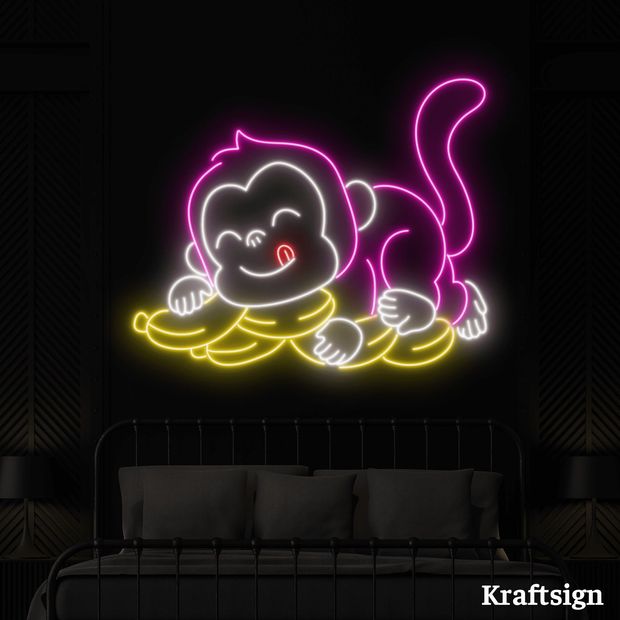 Craftnamesign Monkey With Banana Neon Sign, Kid Room Decor, Monkey ...