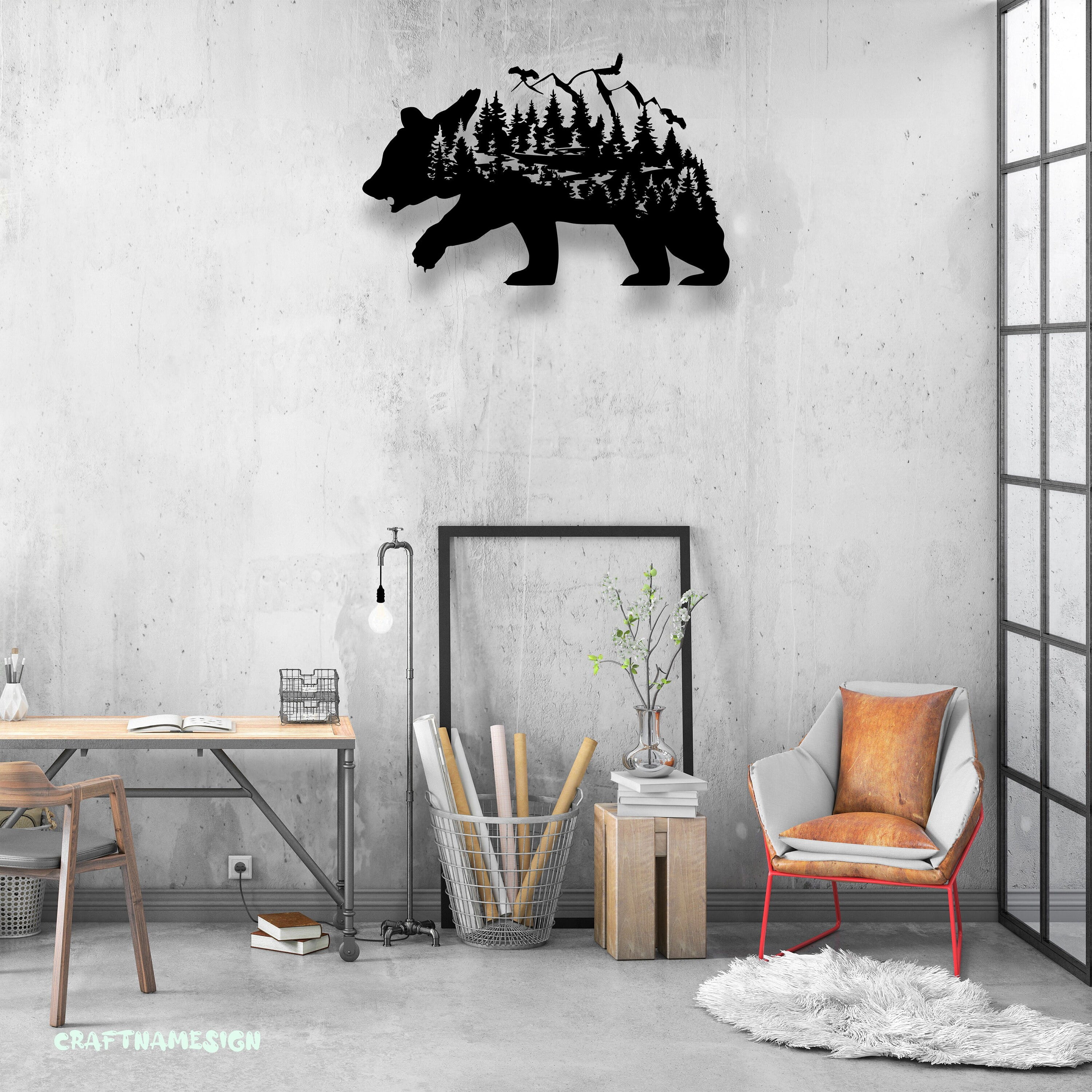 Craftnamesign Mountain Bear Metal Wall Art LED Light, Bear And Forest ...