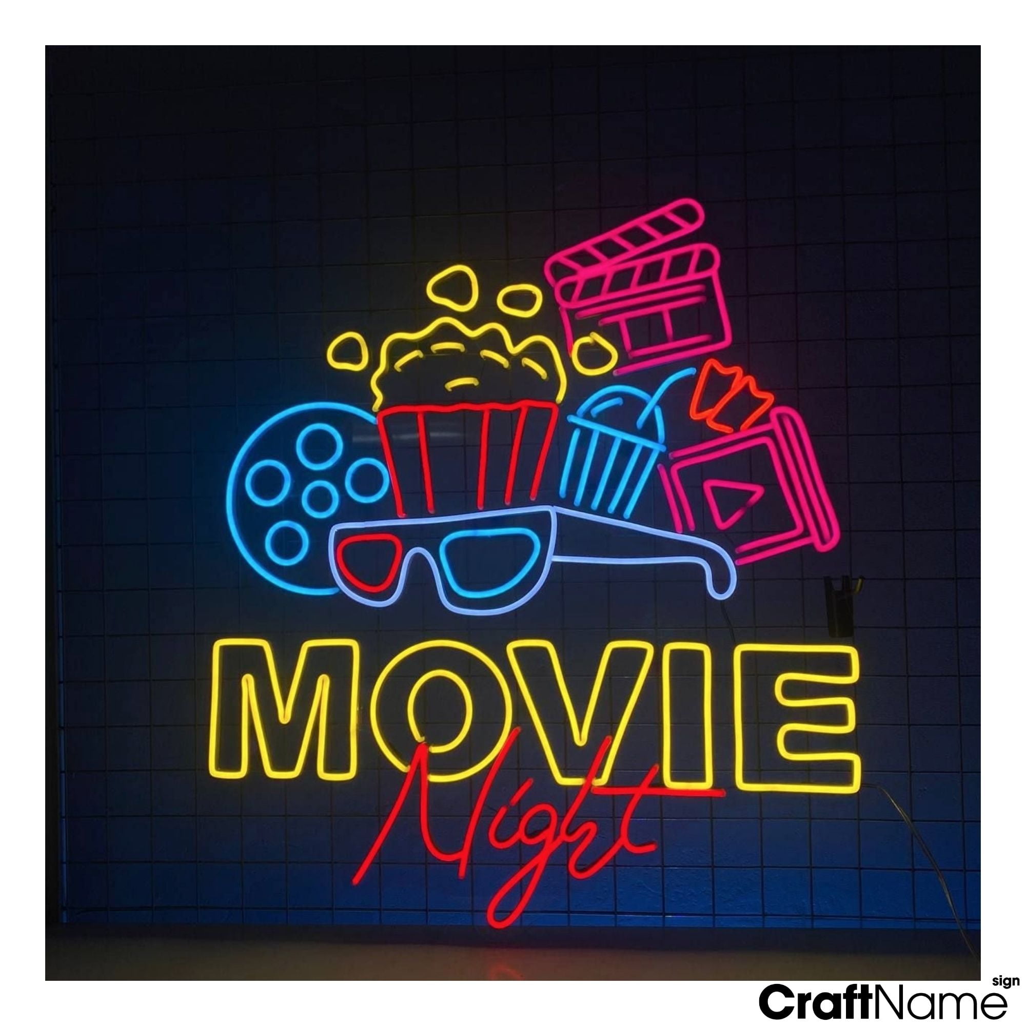 Craftnamesign Movie Night Neon Light Up Sign Wall Art For Home Cinema ...