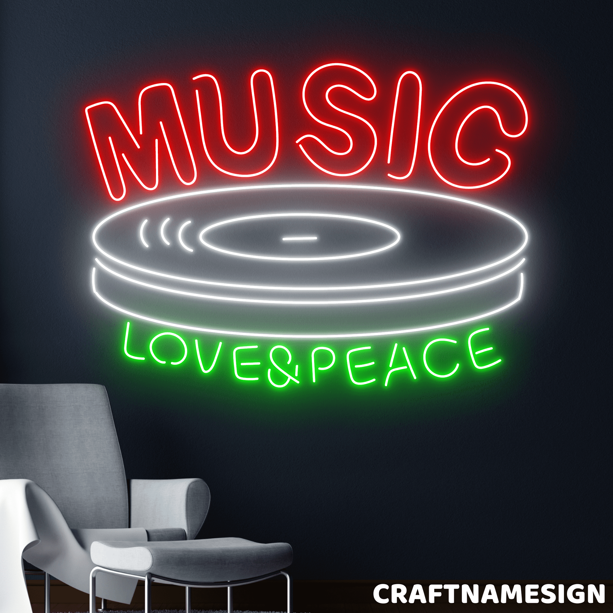 Craftnamesign Music Love & Peace Led Sign, Music Room Wall Art, Retro ...