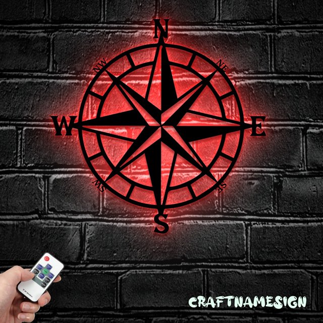 Craftnamesign Nautical Compass Metal Wall Art LED Light, Coordinates ...