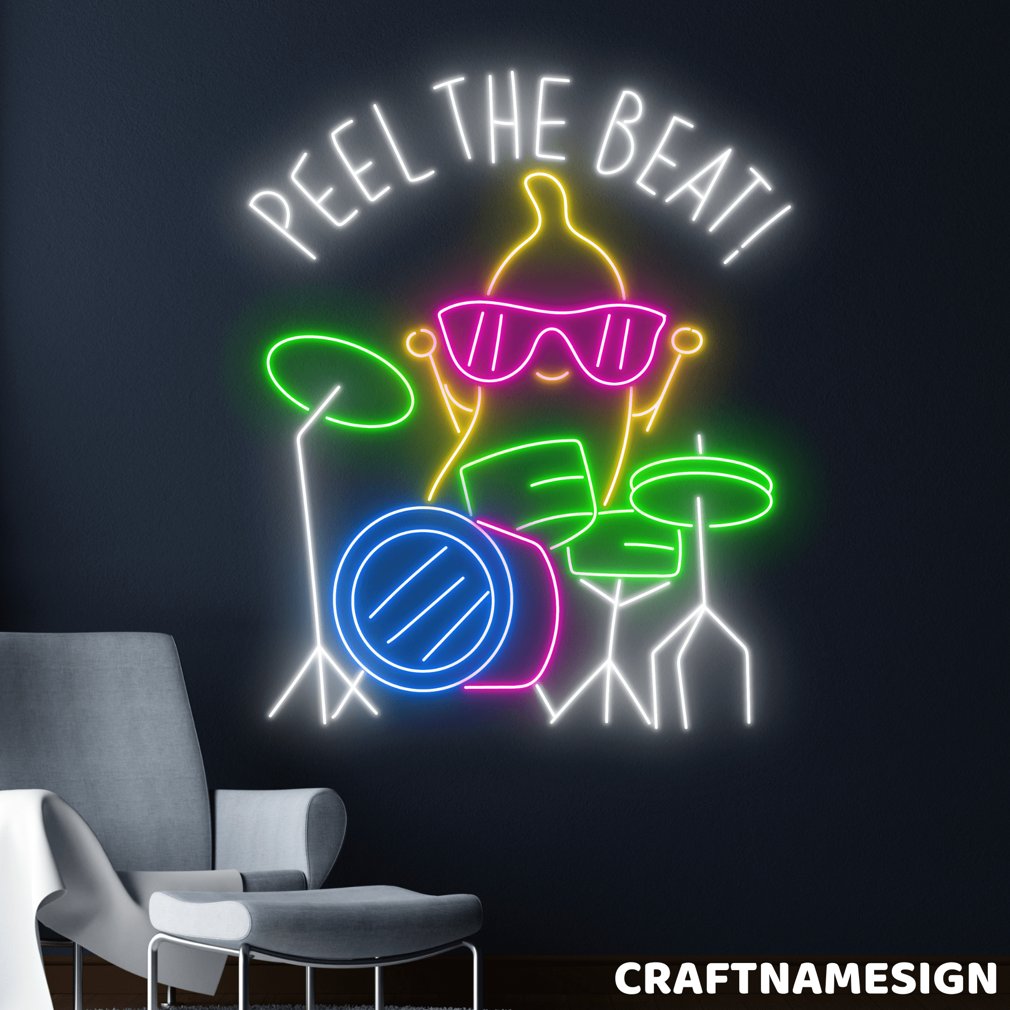 Craftnamesign Peel The Beat Neon Sign, Funny Banana Drummer Wall Art ...