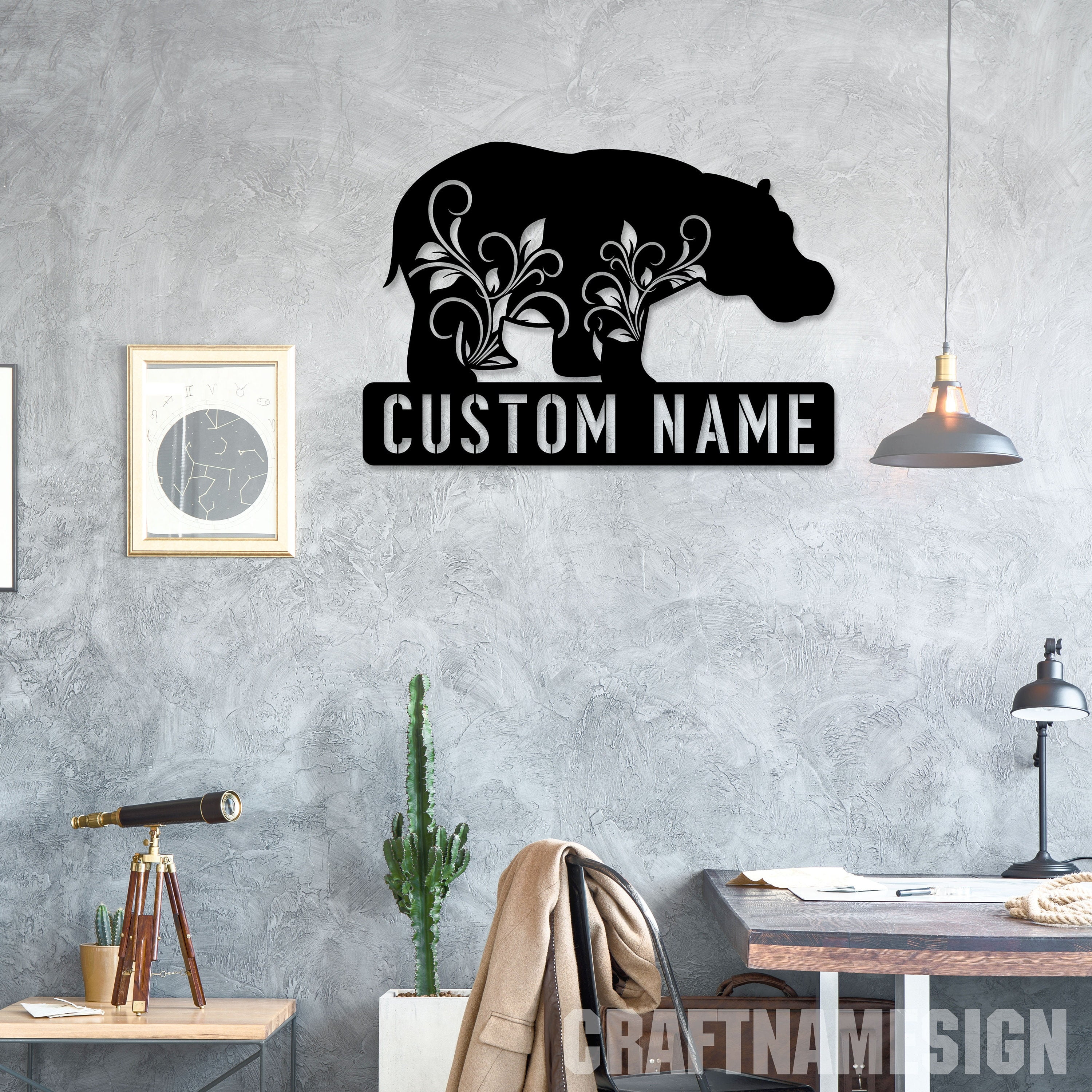 Craftnamesign Personalized Hippo Metal Wall Art LED Light, Custom Cute ...
