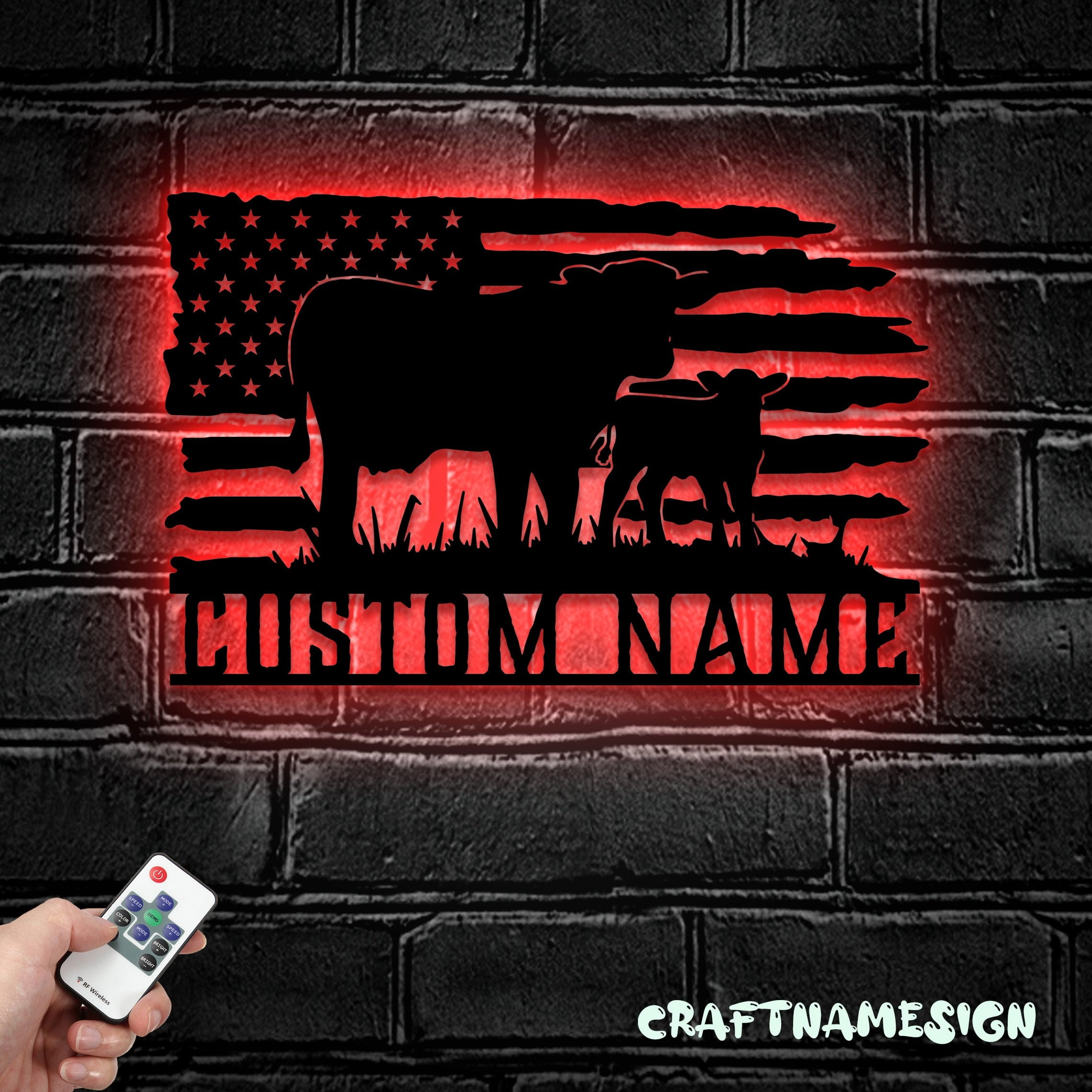 Craftnamesign Custom US Flag Cow Farmhouse Metal Sign LED Light, Custom ...