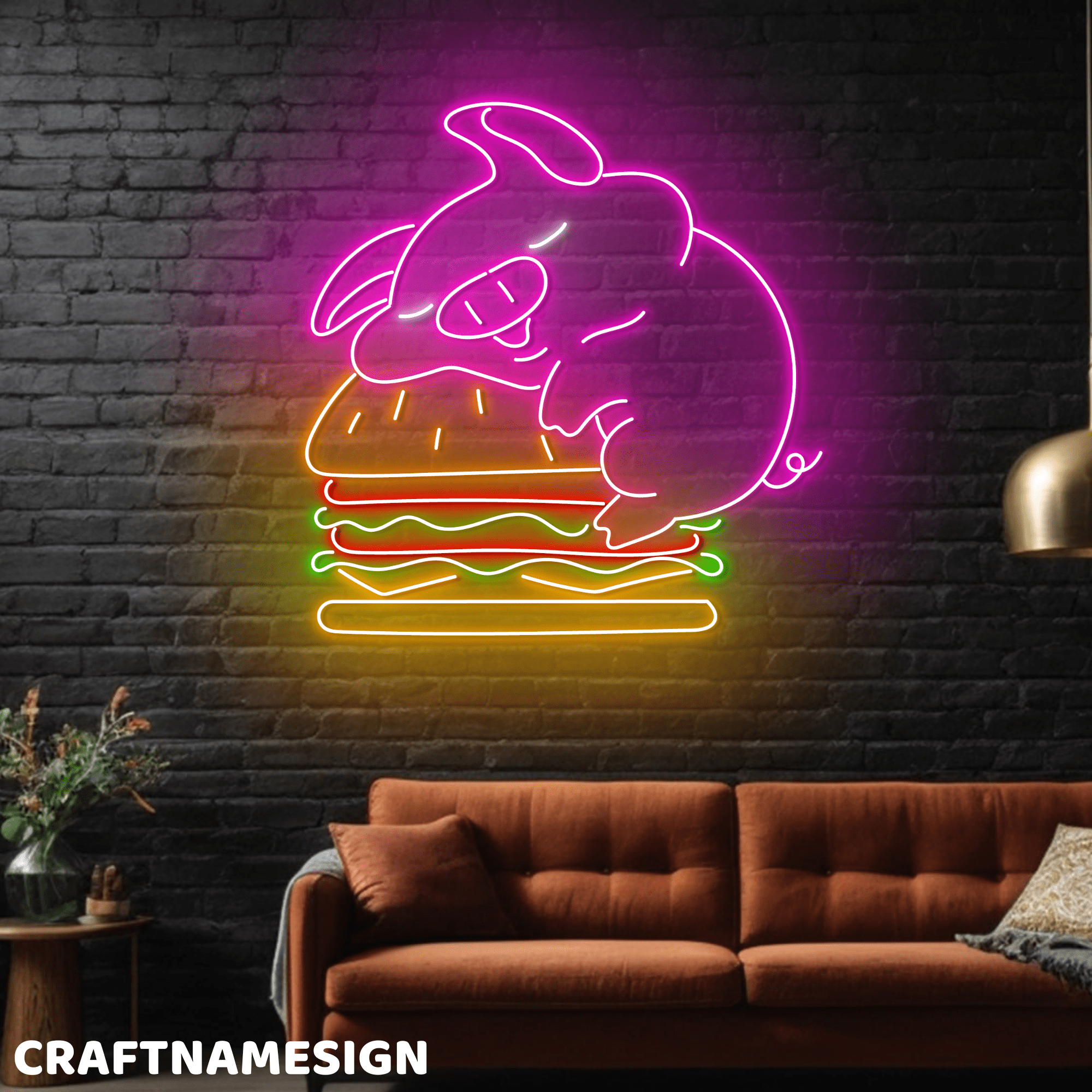 Craftnamesign Pig Burger Neon Light For Wall Art, Fast Food Store LED ...