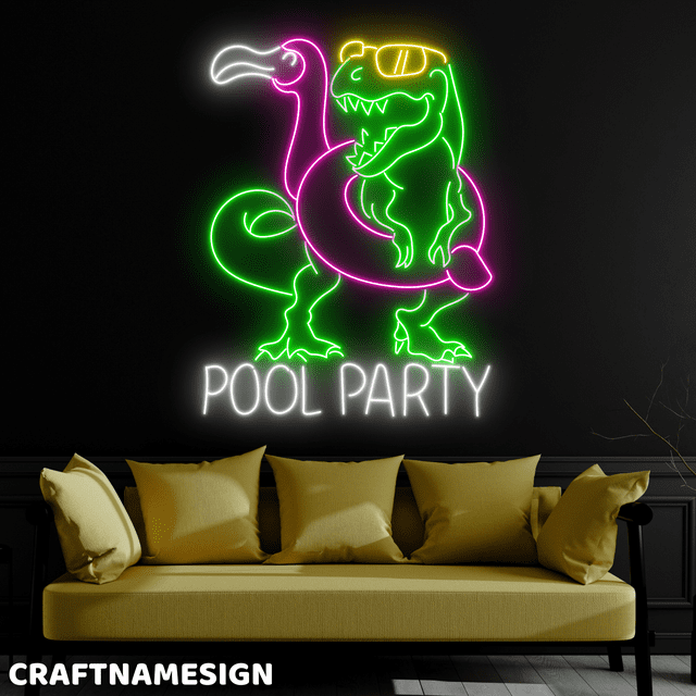 Craftnamesign Pool Party Neon Sign, Dinosaur Wall Art, Swimming Pool ...
