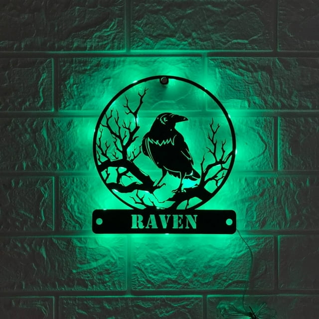 Craftnamesign Raven Metal Wall Art with LED Light, Crow Moon Sign Home ...
