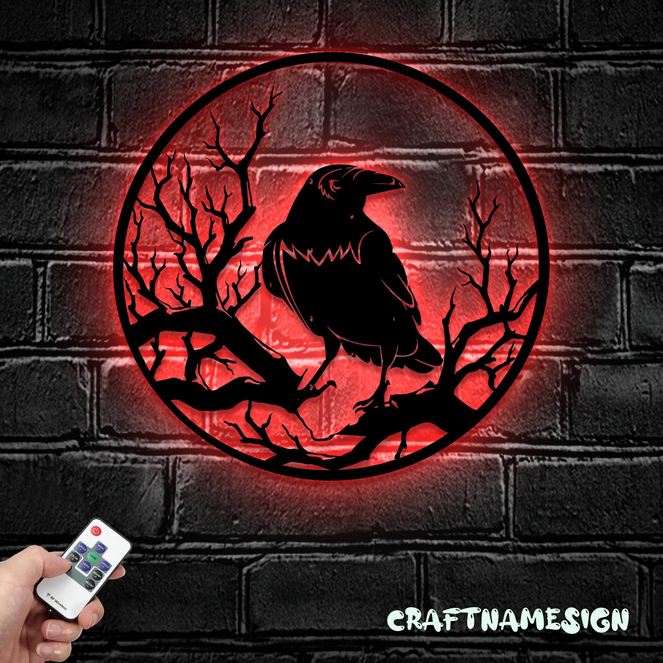 Craftnamesign Raven Metal Wall Art with LED Light, Crow Moon Sign Home ...