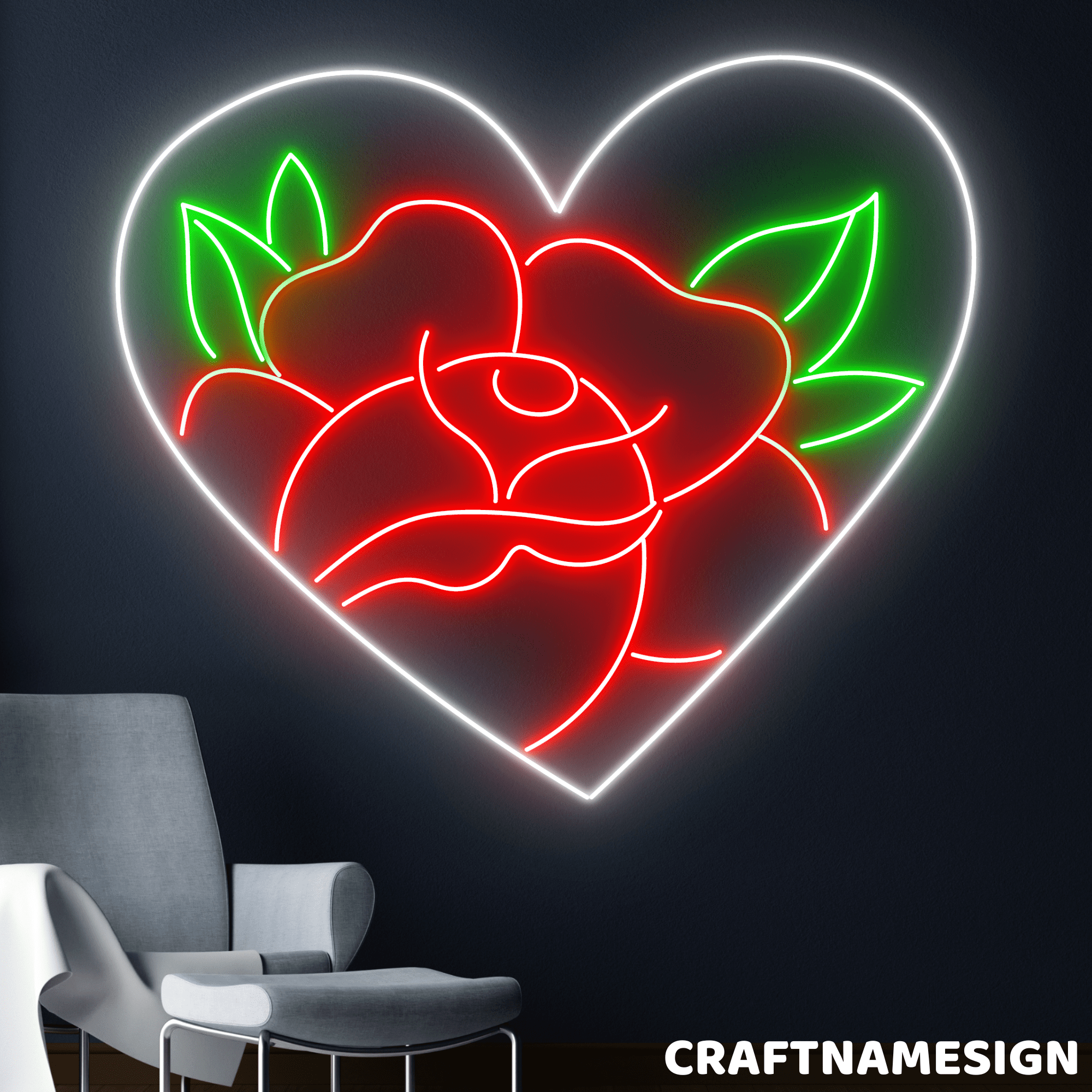Craftnamesign Rose In Heart Neon Sign, Florist Wall Art, Bar Pub Wall ...