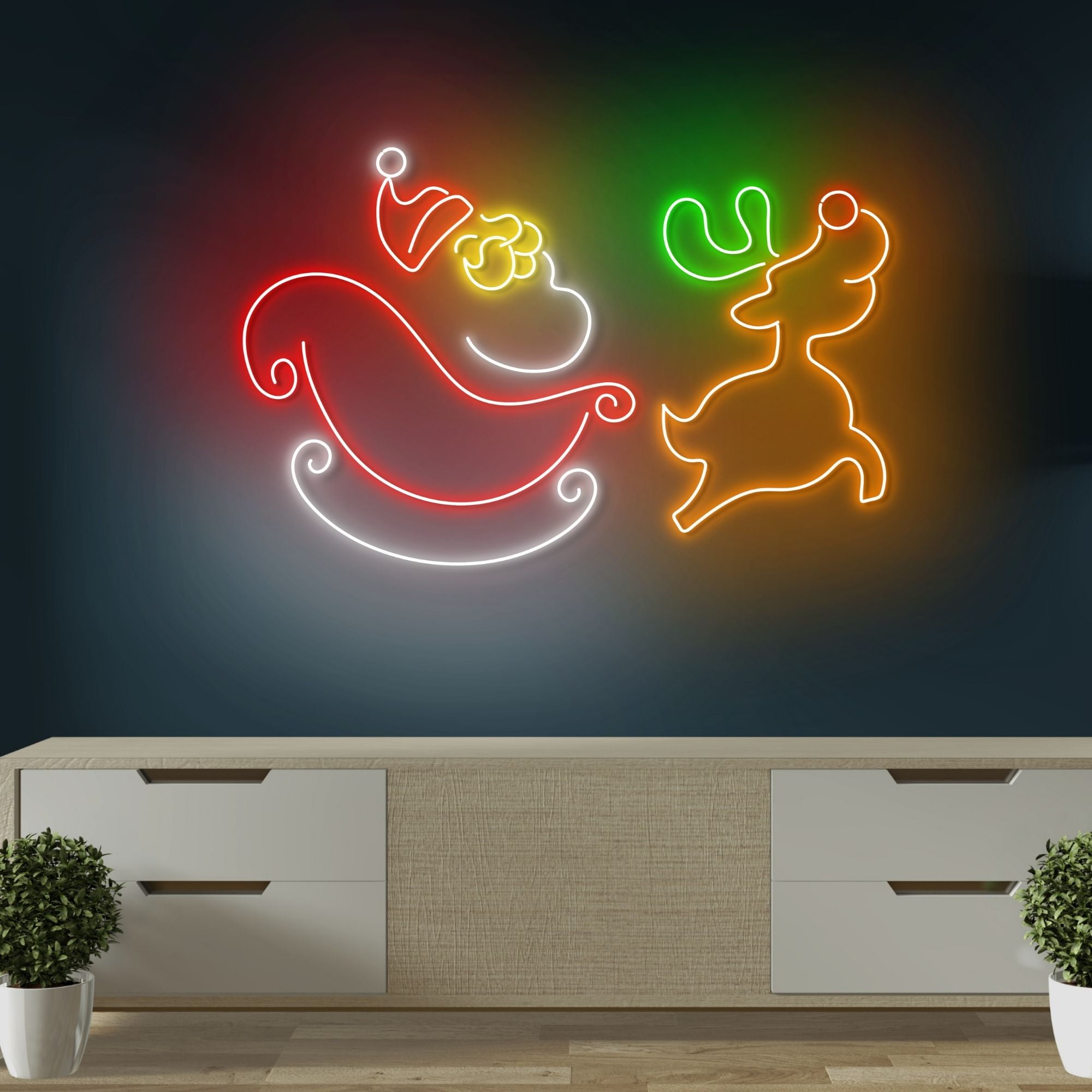Craftnamesign Santa And Reindeer Art Neon Sign, Reindeer Light Wall Art ...