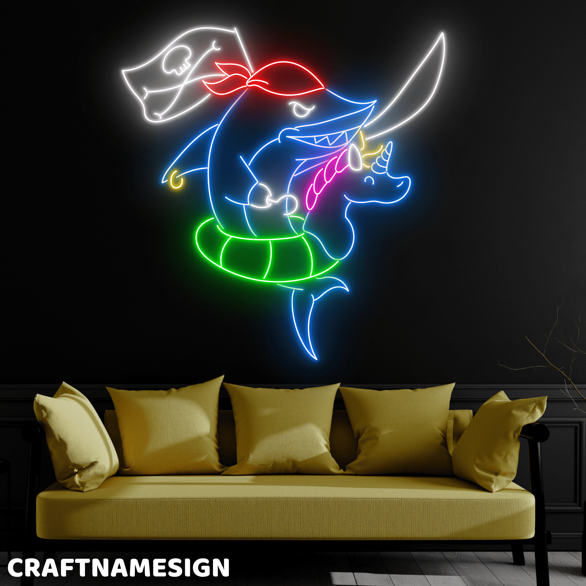 Craftnamesign Shark Captain Neon Sign, Shark Pirate Wall Art, Swimming ...