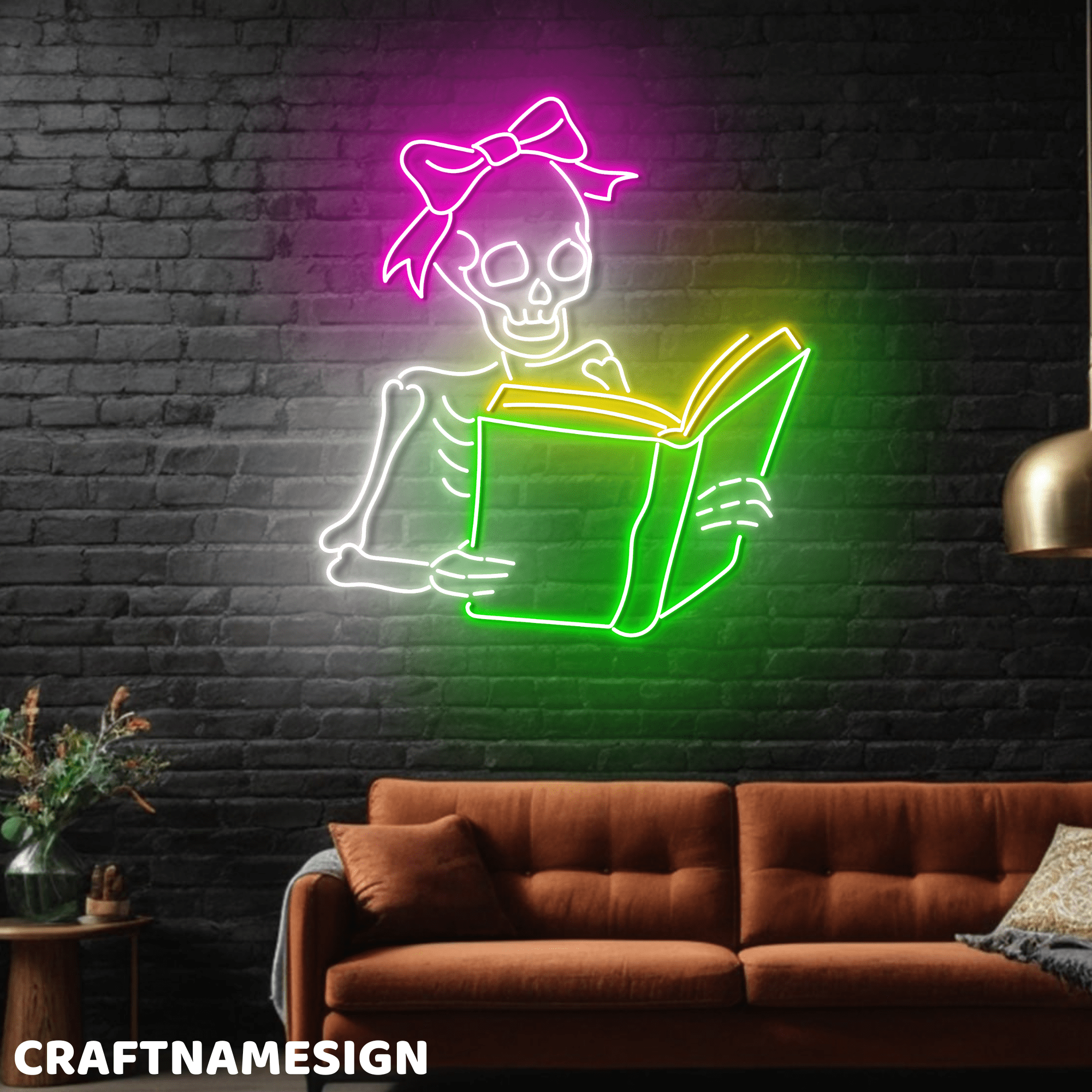 Craftnamesign Skeleton Coquette Reading Book Neon Sign For Reading Room ...
