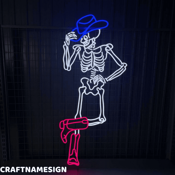 Craftnamesign Skeleton Cowboy Neon Sign, Halloween Wall Decor, Bar Pub ...
