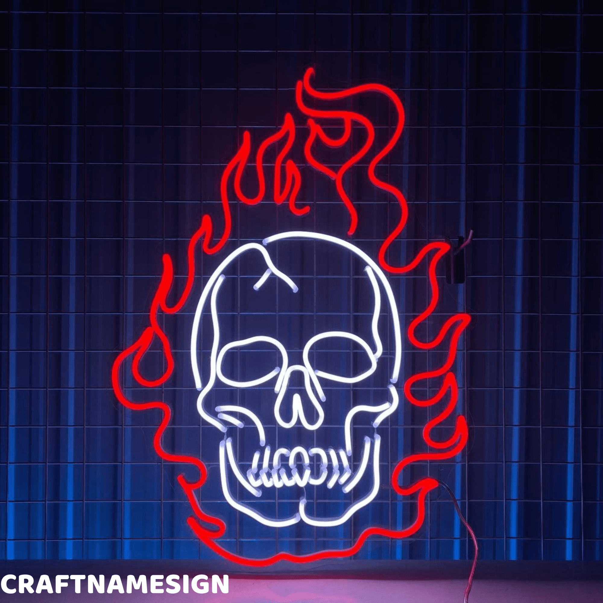 Craftnamesign Skull Fire Neon Sign, Halloween Wall Decor, Bar Pub Wall ...