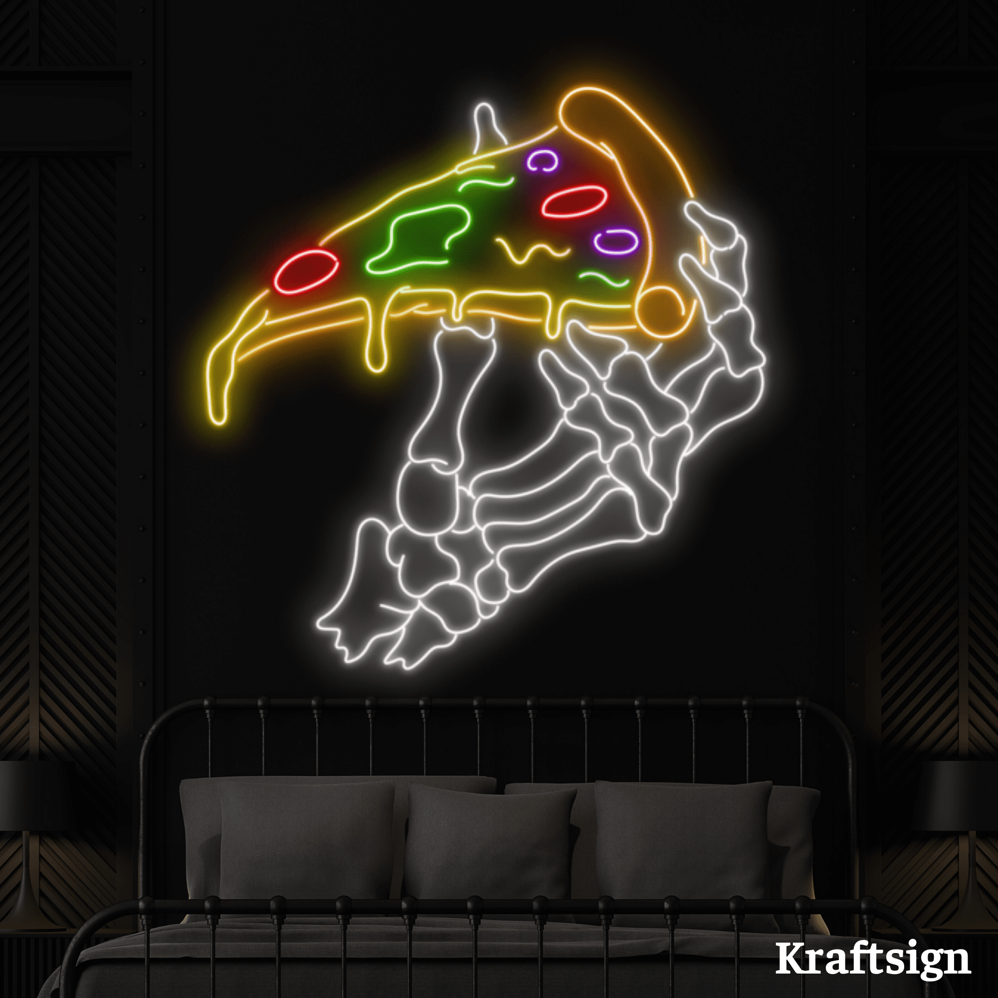 Craftnamesign Skull Hand Hold Pizza Neon Sign, Pizza Restaurant Decor ...