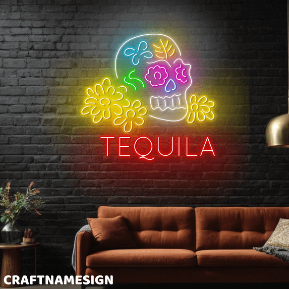 Craftnamesign Skull Tequila Flower Neon Sign For Tequila Cocktail Bar ...
