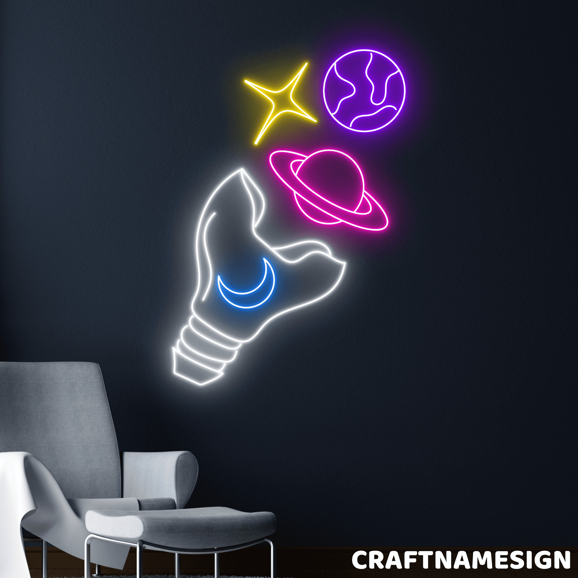 Craftnamesign Space Light Bulb Neon Sign, Space Planet Wall Decor, Kids ...