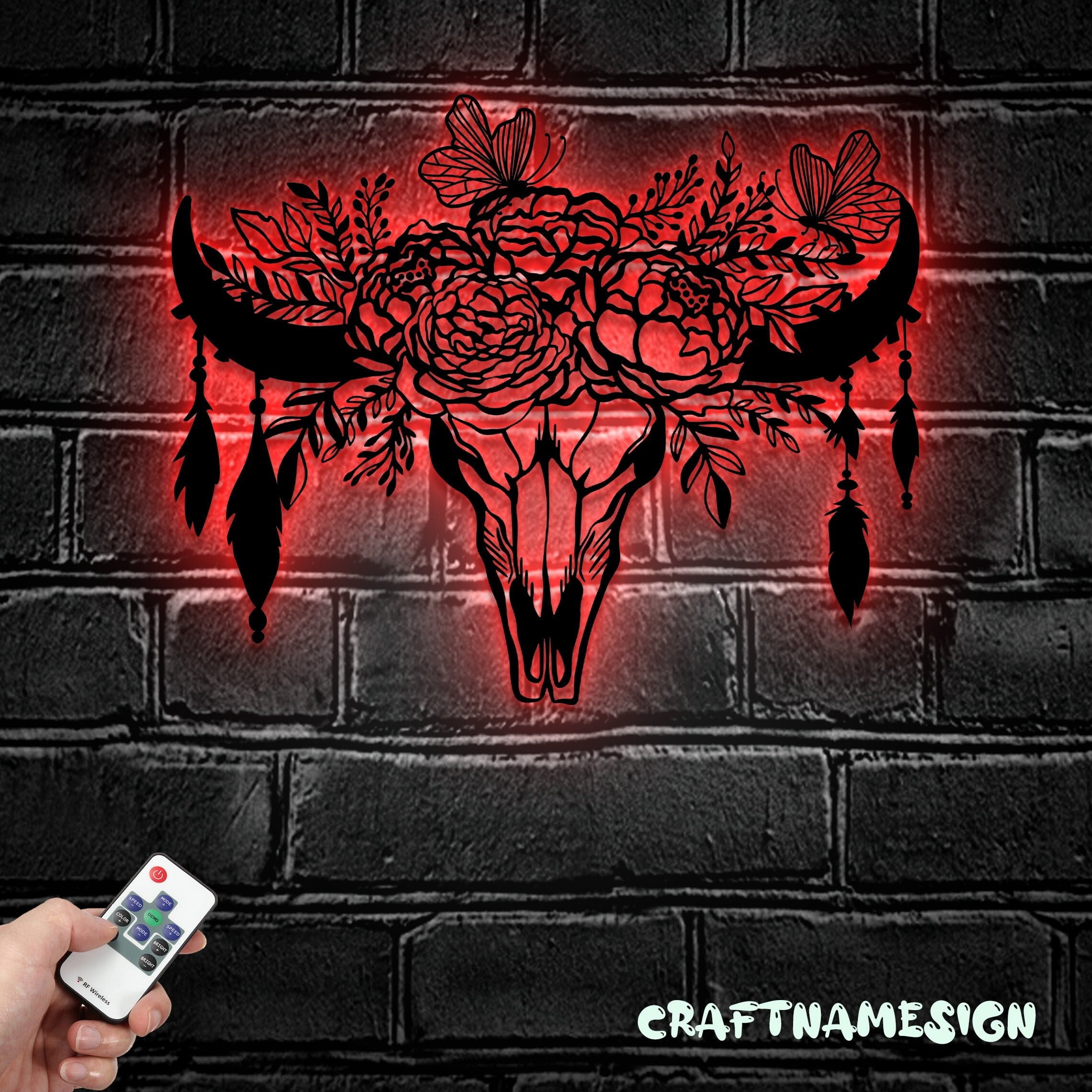 Craftnamesign Sunflower Skull Bull Head Metal Wall Art LED Light ...